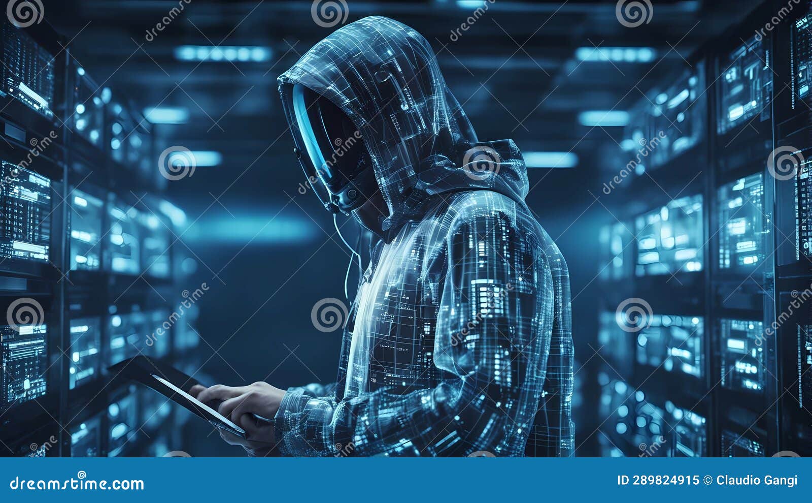 Dagerous Hacker Stealing Data Inside a Server Room Stock Illustration ...