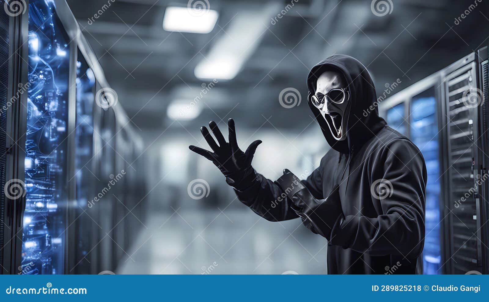 Dagerous Hacker Stealing Data Inside a Server Room Stock Illustration ...