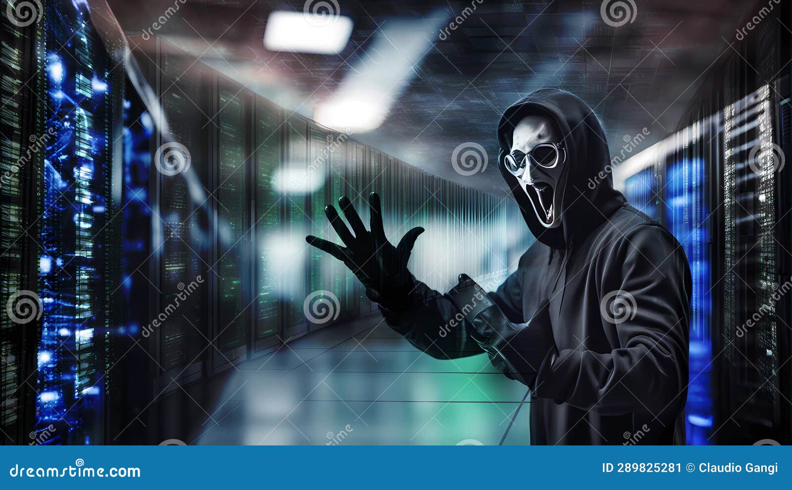 Dagerous Hacker Stealing Data Inside a Server Room Stock Illustration ...
