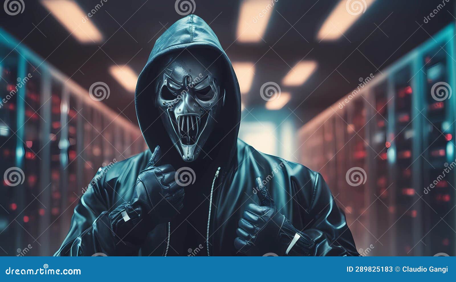 Dagerous Hacker Stealing Data Inside a Server Room Stock Illustration ...