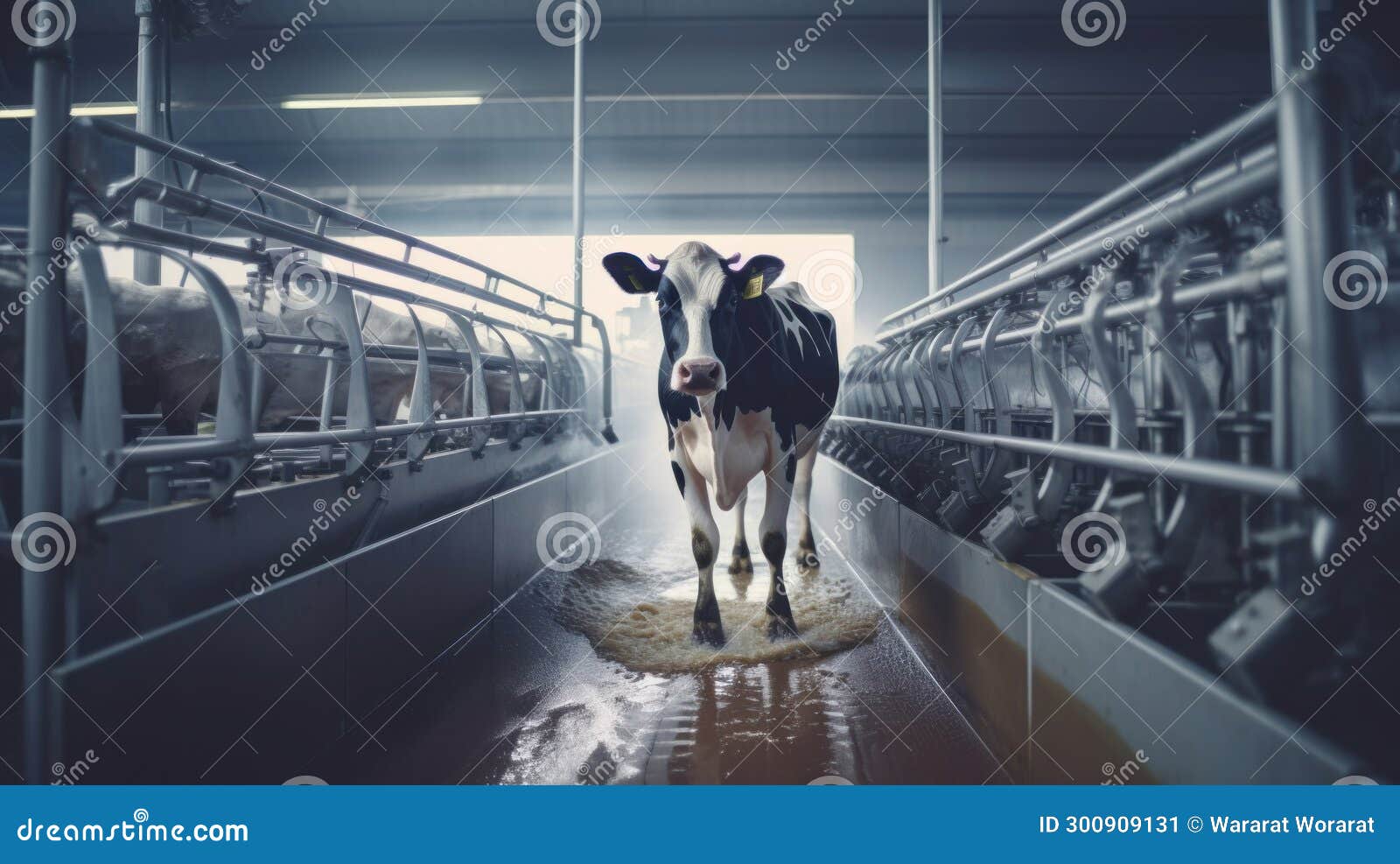 Dairy Cow Is Being Milked In Cow Milking Facility Royalty-Free Stock ...