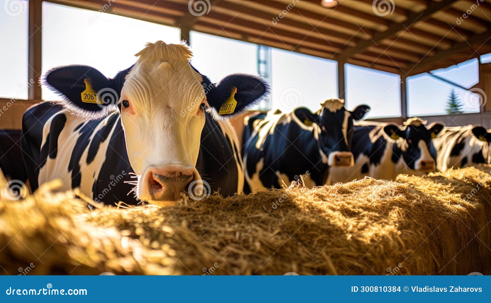 Dairy Cows in a Light Barn Rush Hay, Enjoying a Bright Sunny Day Stock ...