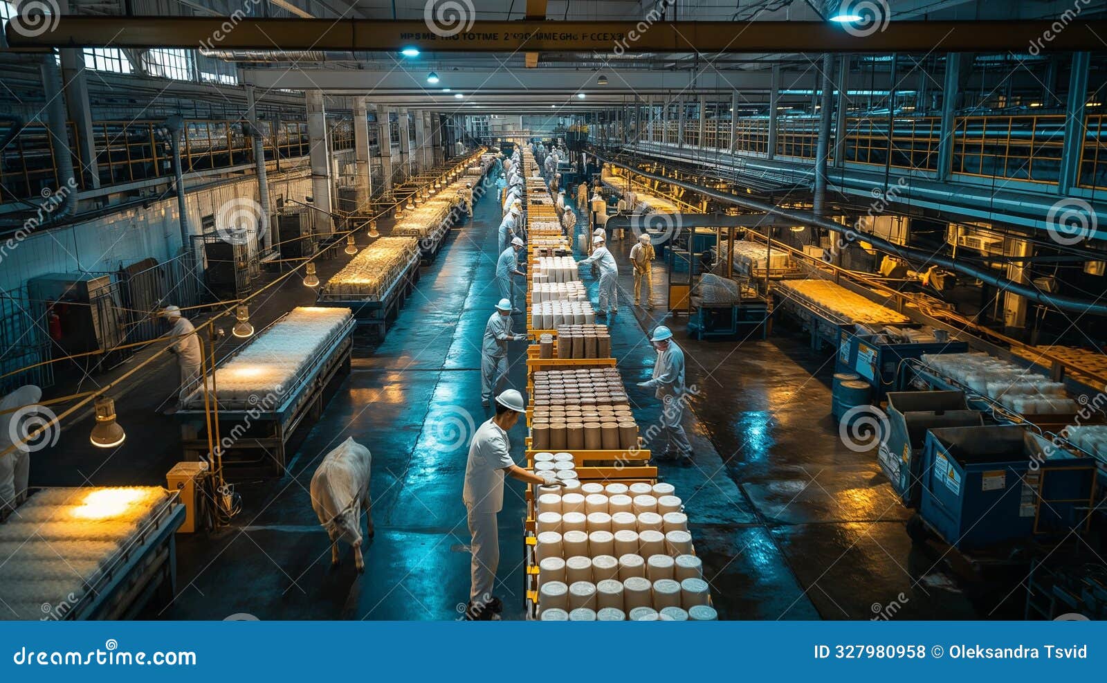 Dairy Farm with Cows Being Milked, Milk Being Processed, and Workers ...