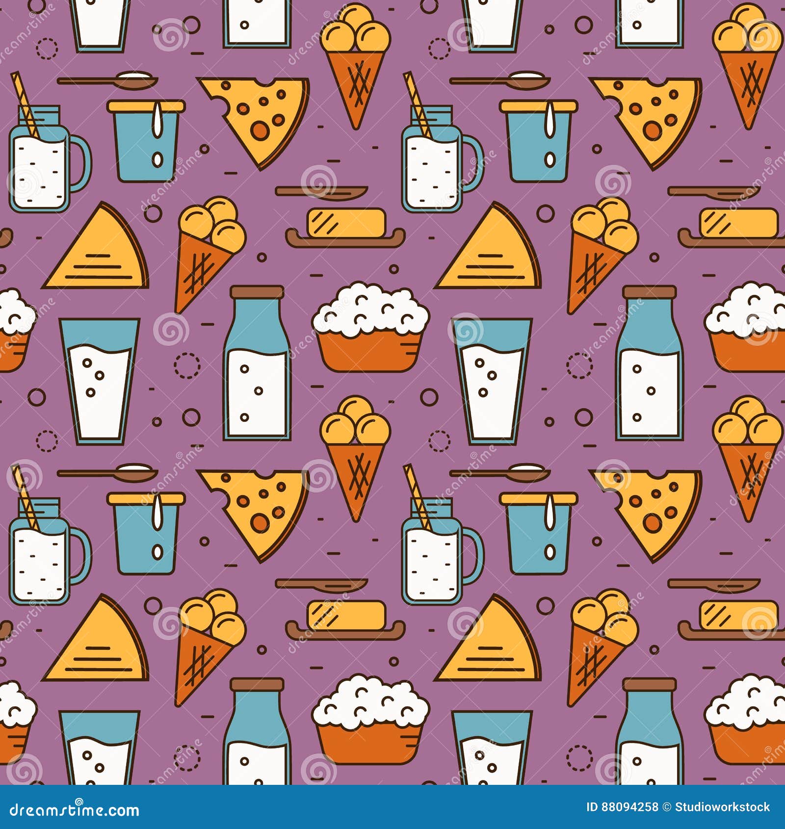 Dairy Seamless Pattern in Line Style Design Stock Vector - Illustration ...