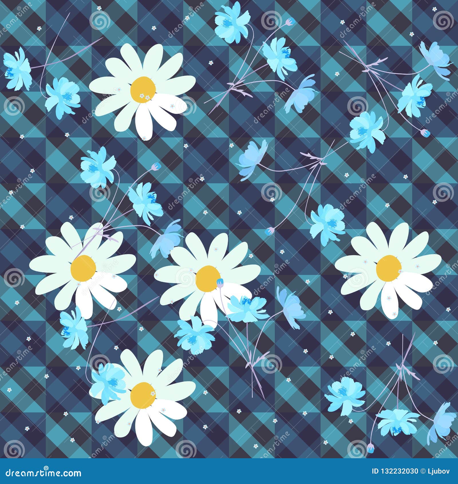Daisy and Cosmos Flowers on Blue Checkered Background. Seamless Vector ...