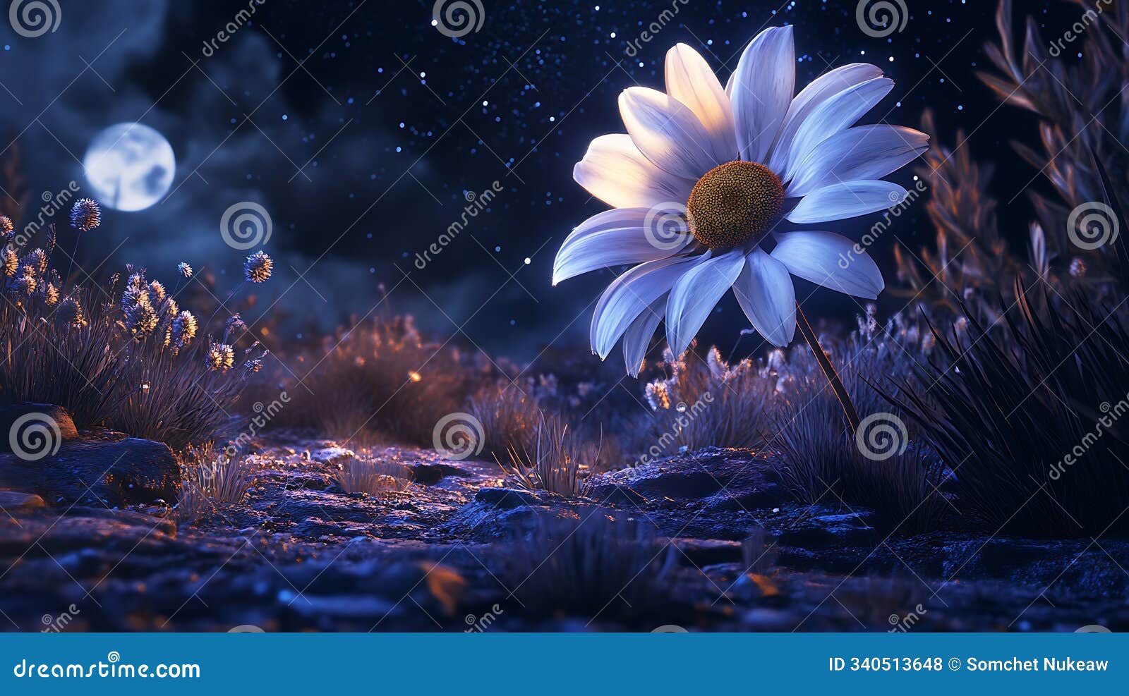 Daisy Flower Under Moonlight, Night Scene, Dark Background Stock ...