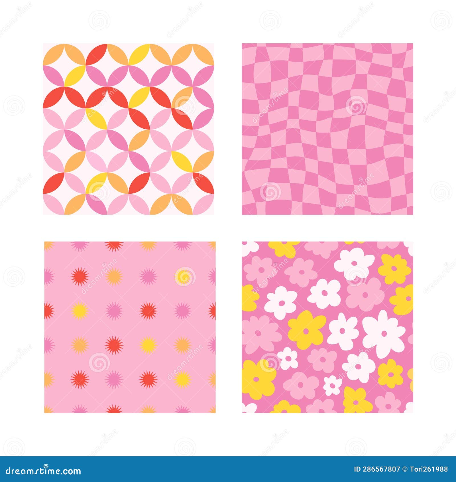 Trippy Grid Seamless Pattern With Daisy Flowers In 1960 Style. Childish ...