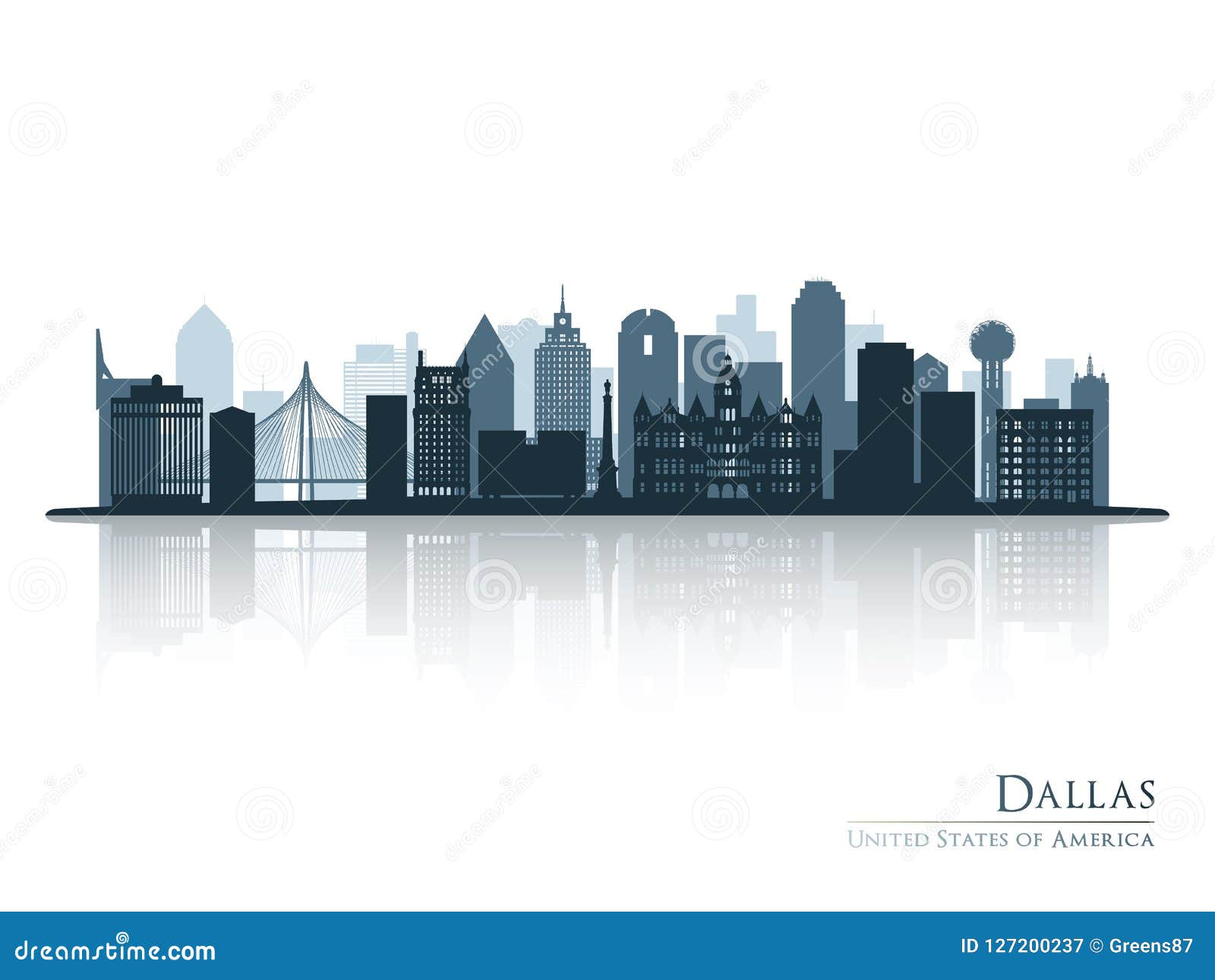Dallas Blue Skyline Silhouette with Reflection. Stock Vector ...