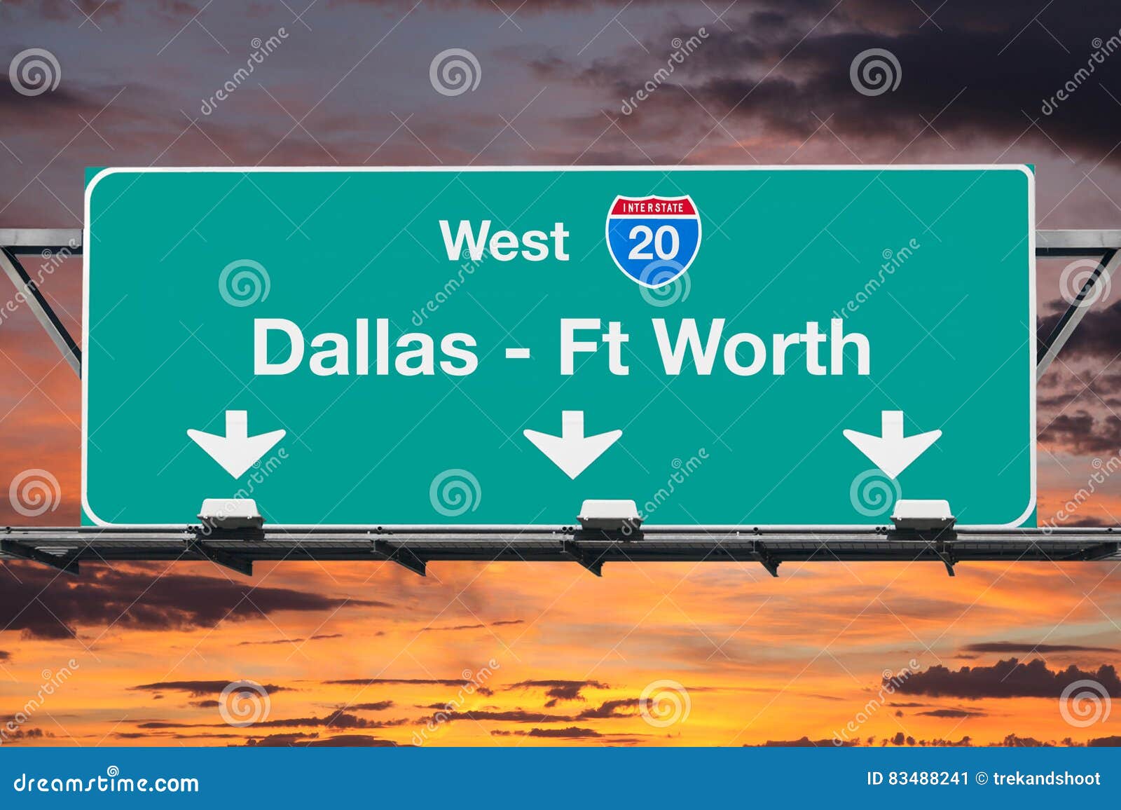Dallas Ft Worth Interstate 20 West Highway Sign with Sunrise Sky Stock ...