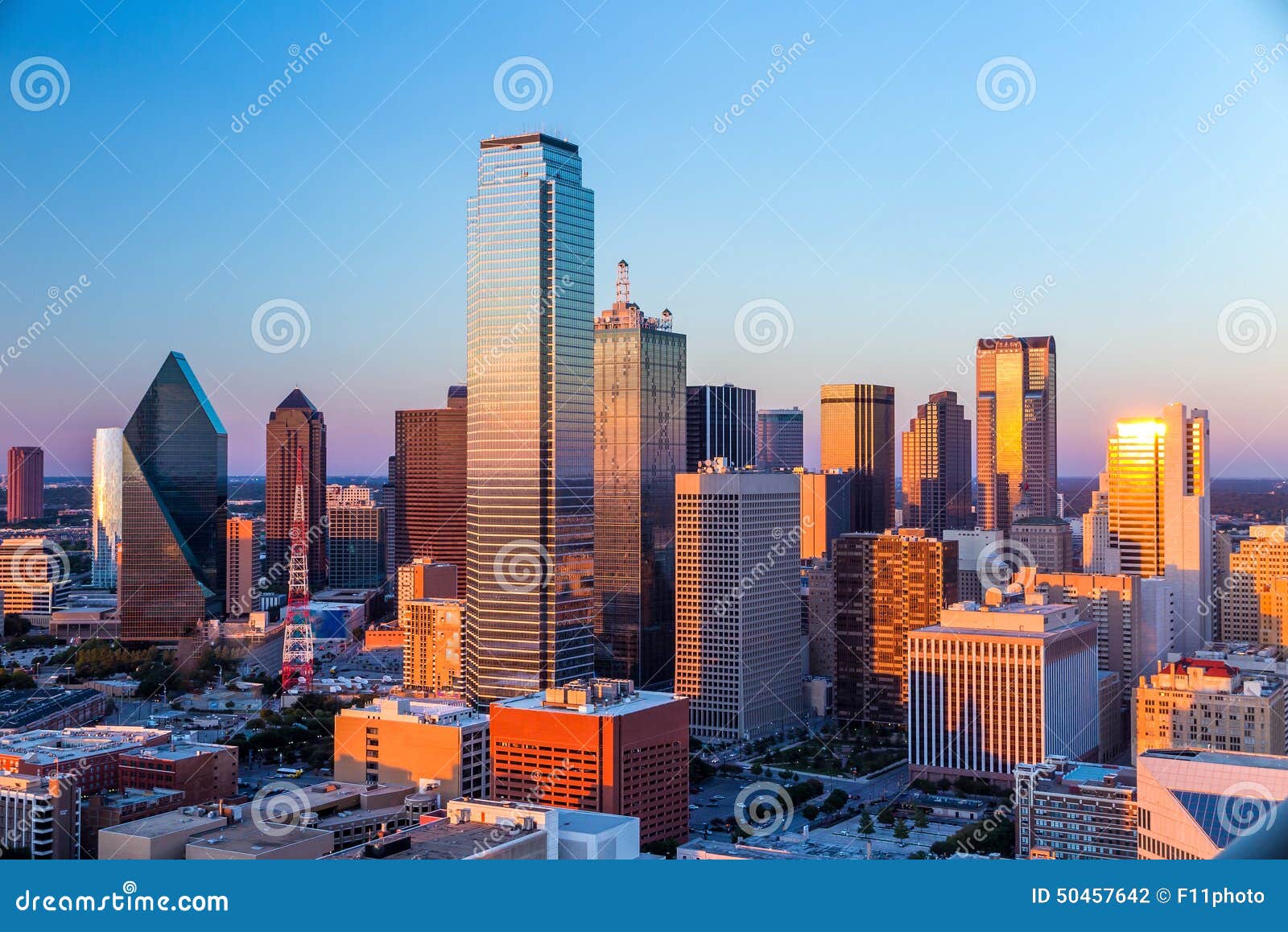 Dallas, Texas Cityscape with Blue Sky at Sunset Stock Photo - Image of ...