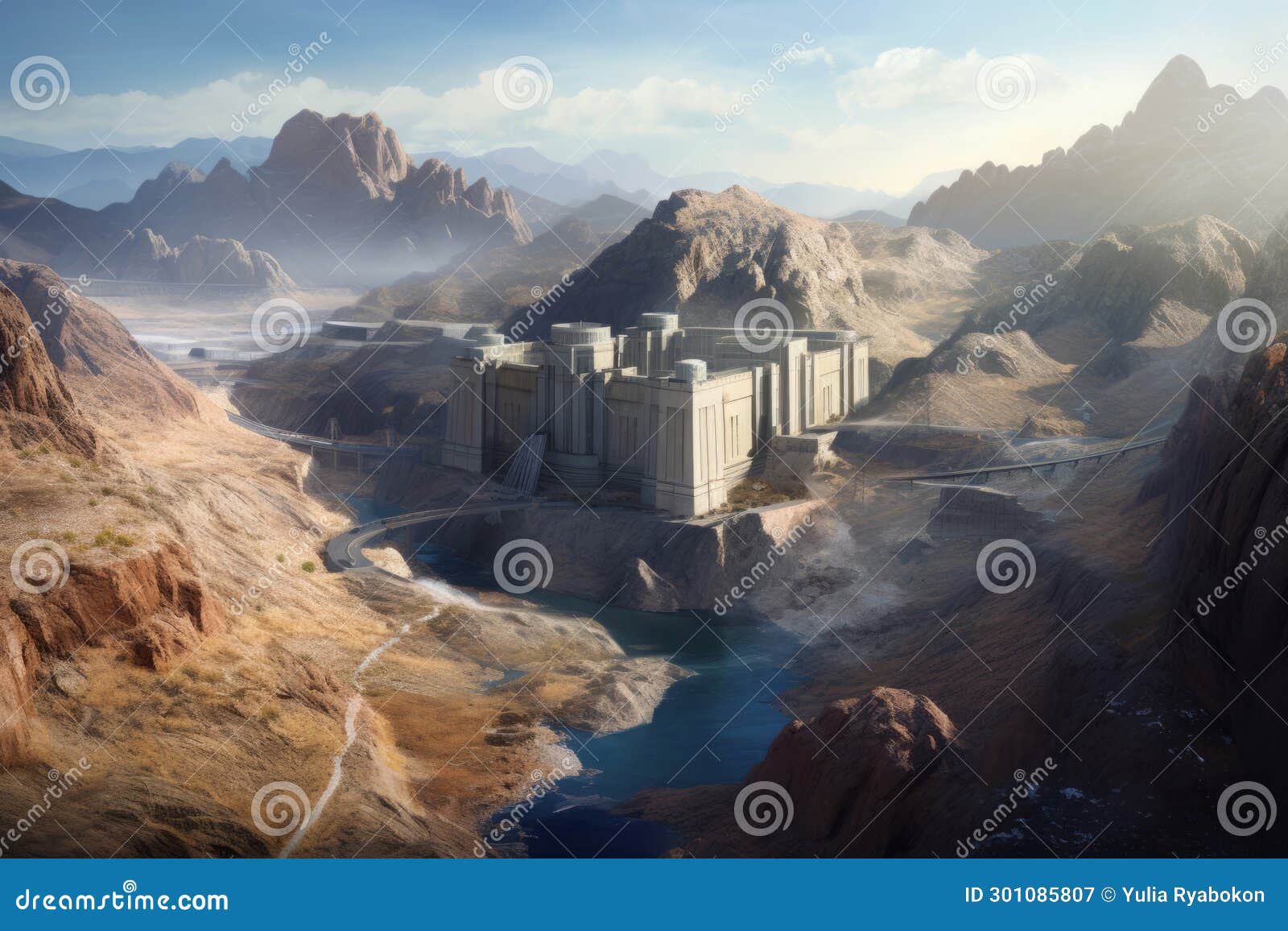 Construction Of A Hydroelectric Dam On A River In A Fantasy World Of ...