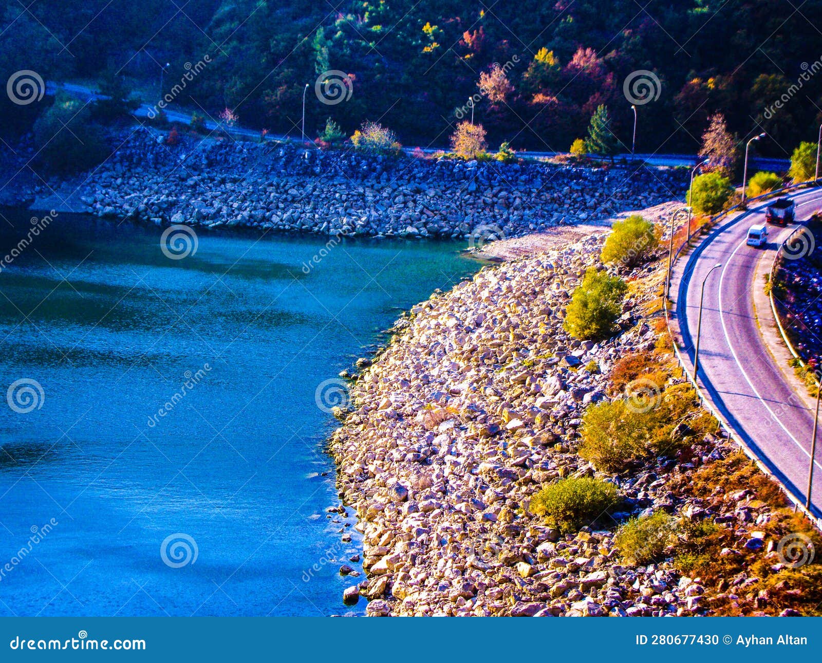 Dam Fill Broken Stone Double Way Road Stock Photo - Image of shore ...