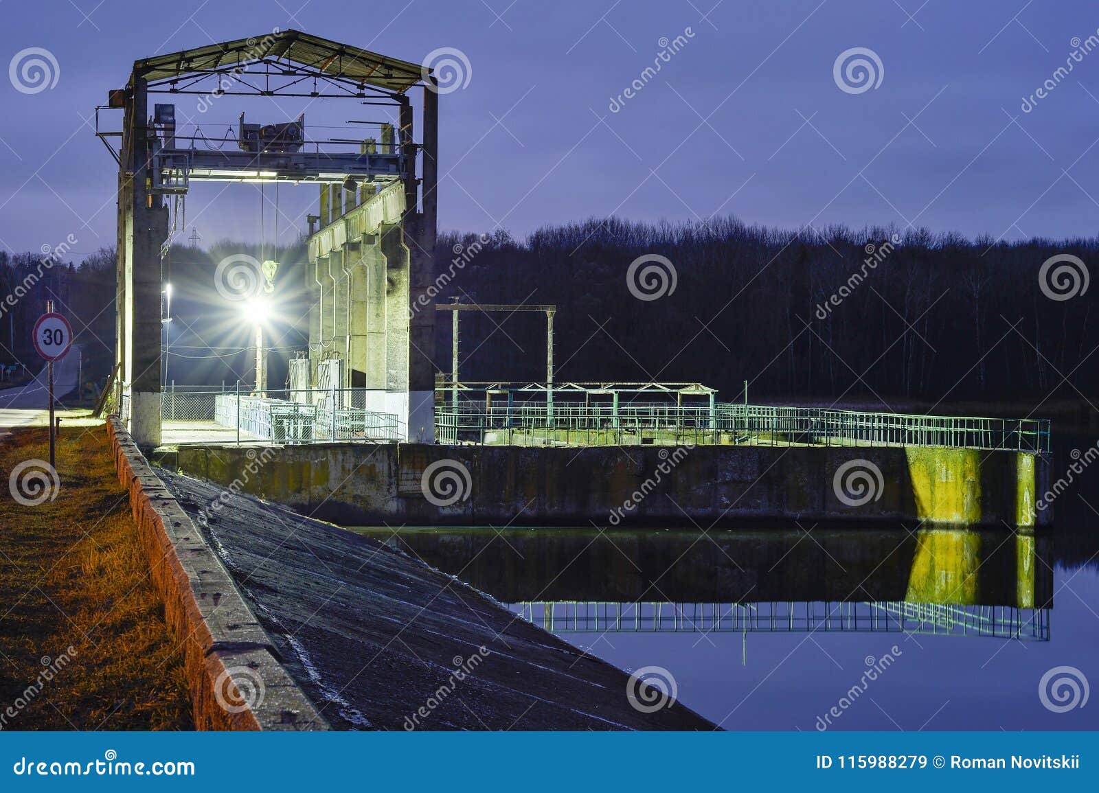 A Dam and a Lock System on the Big Reservoir at Dawn. Lighting ...