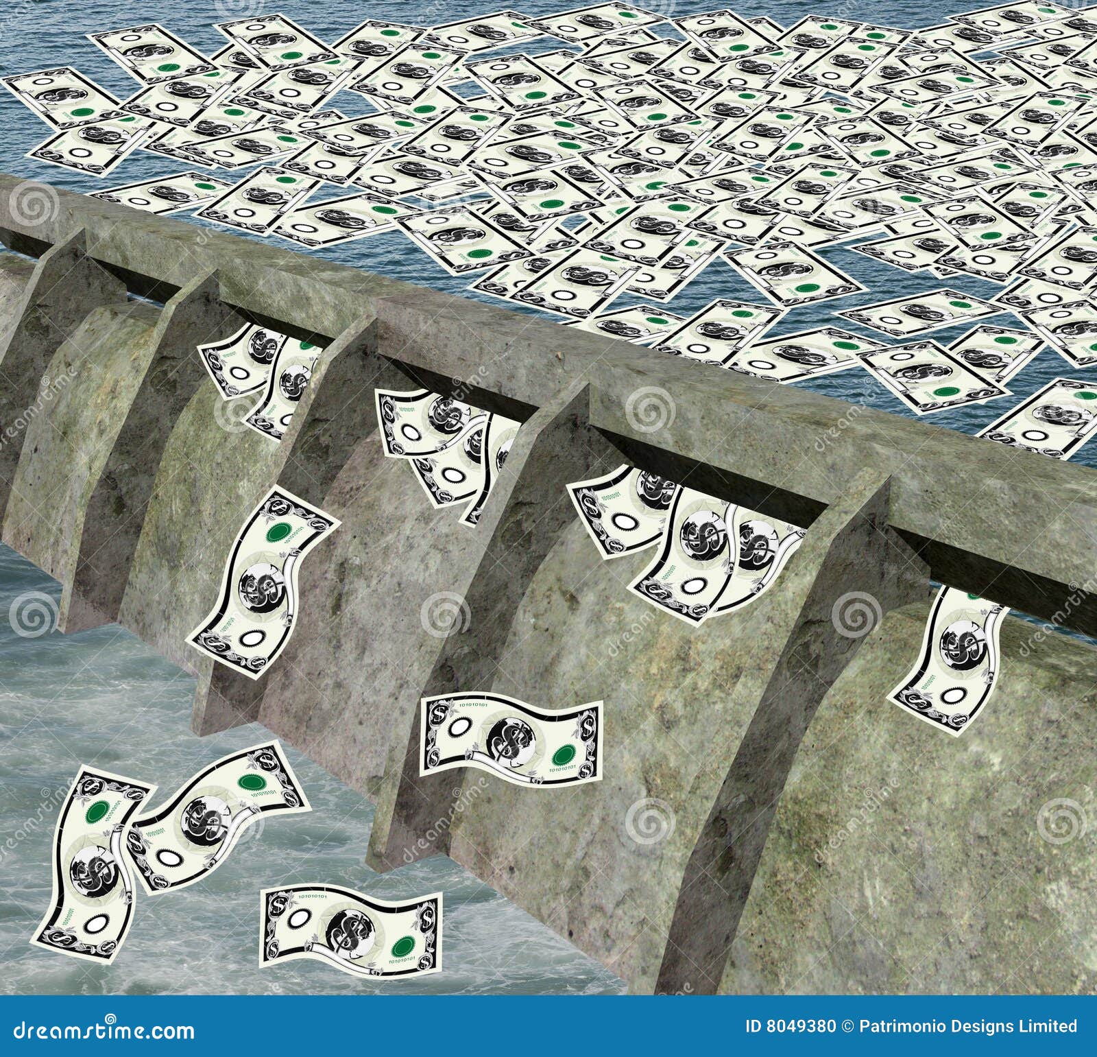 Dam with money flowing stock illustration. Illustration of render - 8049380