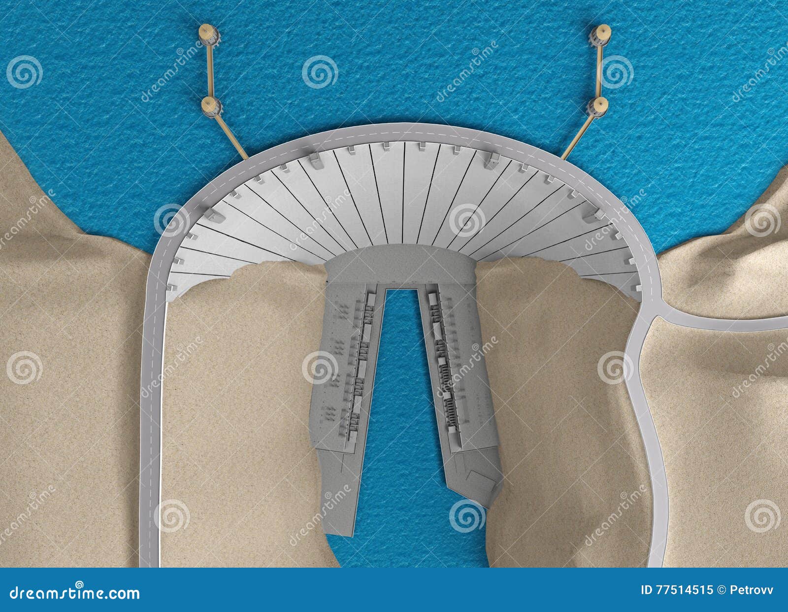 Dam top view 3d rendering stock illustration. Illustration of lock ...