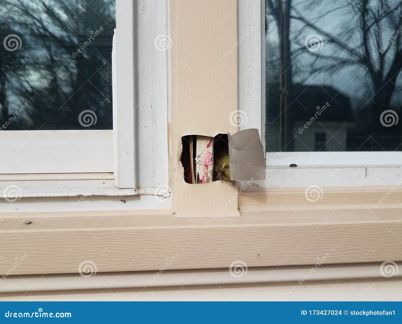 Damage or Holes in Window Frame with Glass Window Stock Photo - Image ...