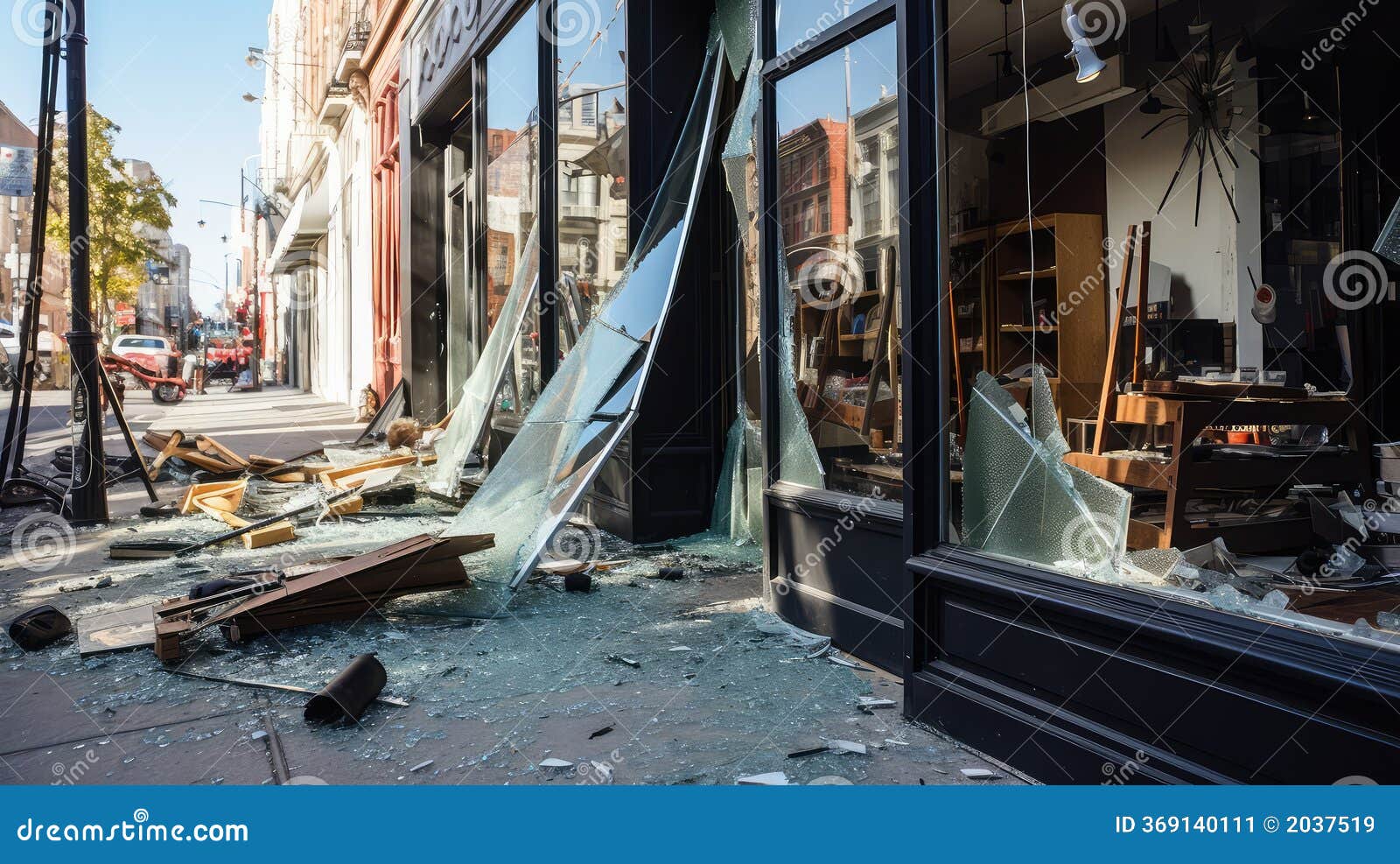 Smashed Storefront With Broken Glass And Debris After A Robbery ...