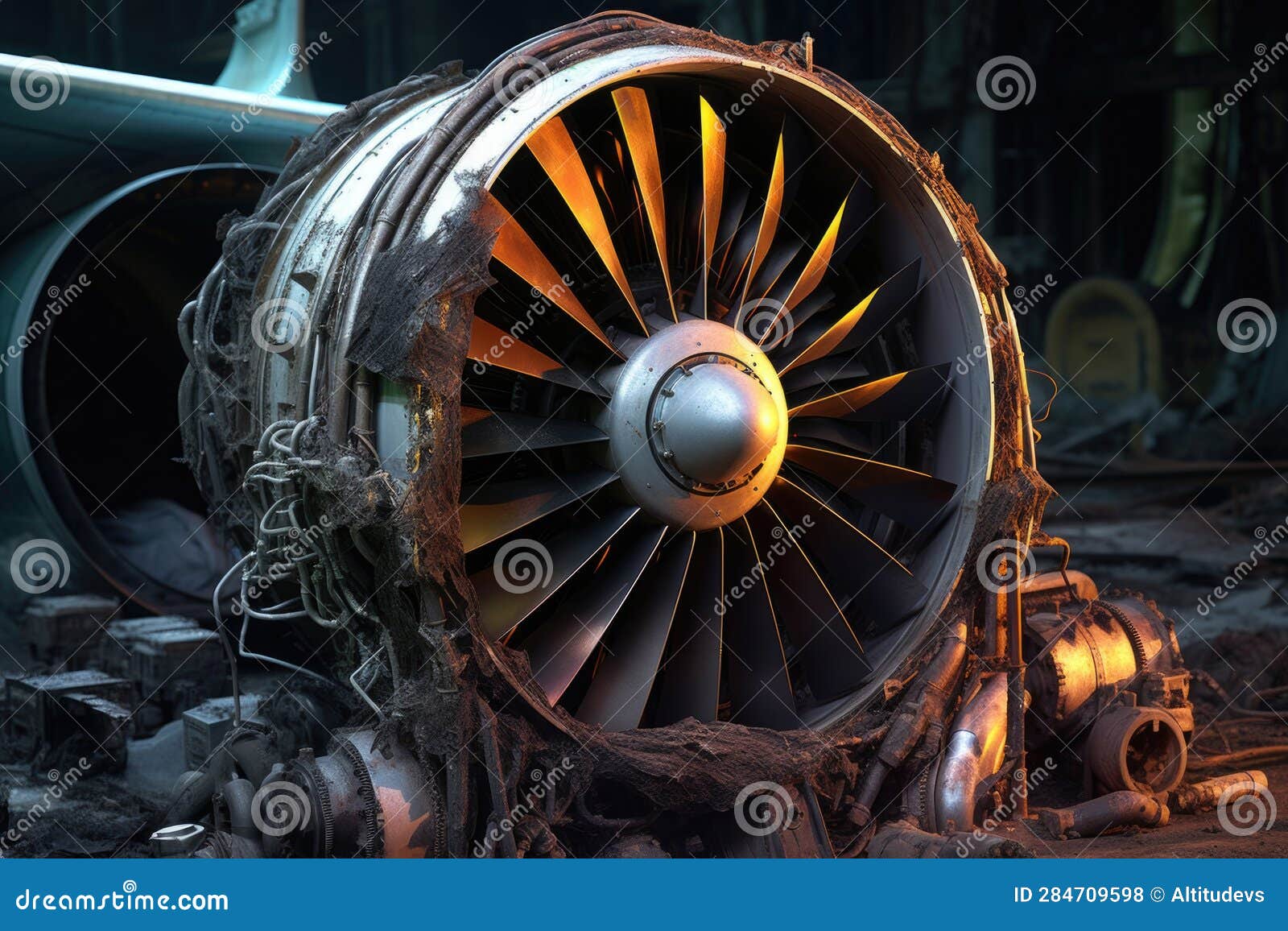 Damaged Airplane Engine with Visible Internal Parts Stock Photo - Image ...