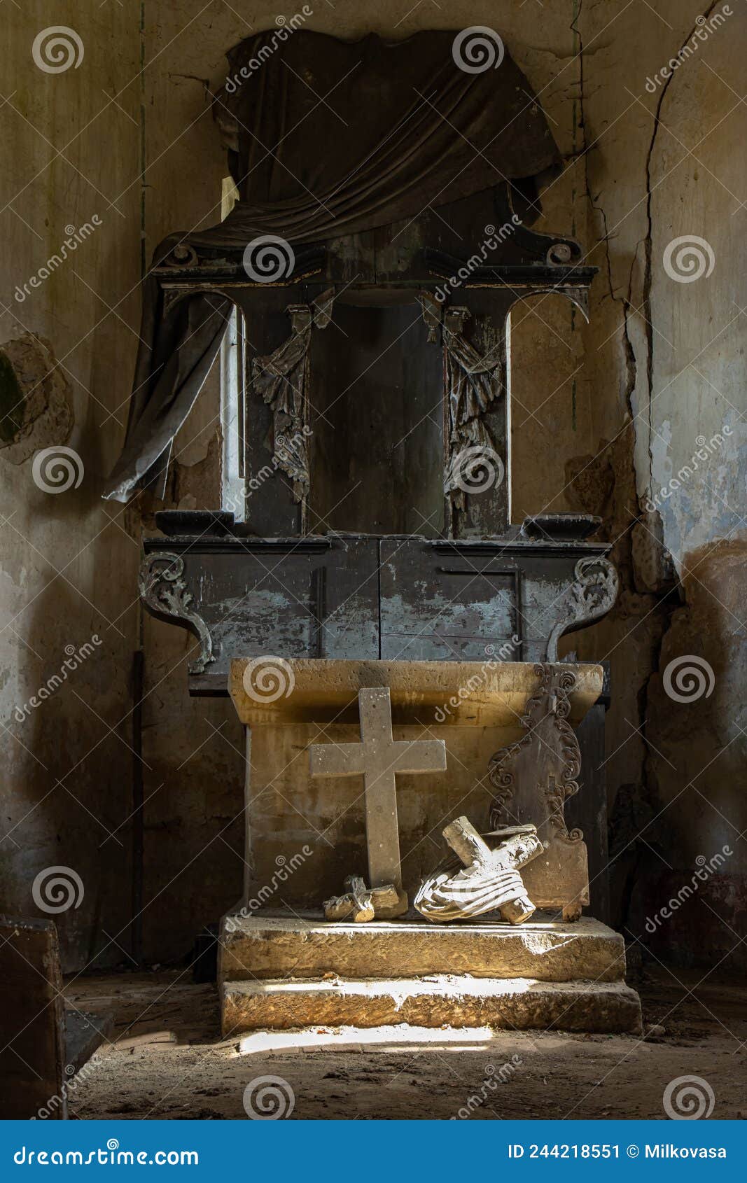 The Damaged Altar in the Church with Sunlight on the Fallen Cross Stock ...