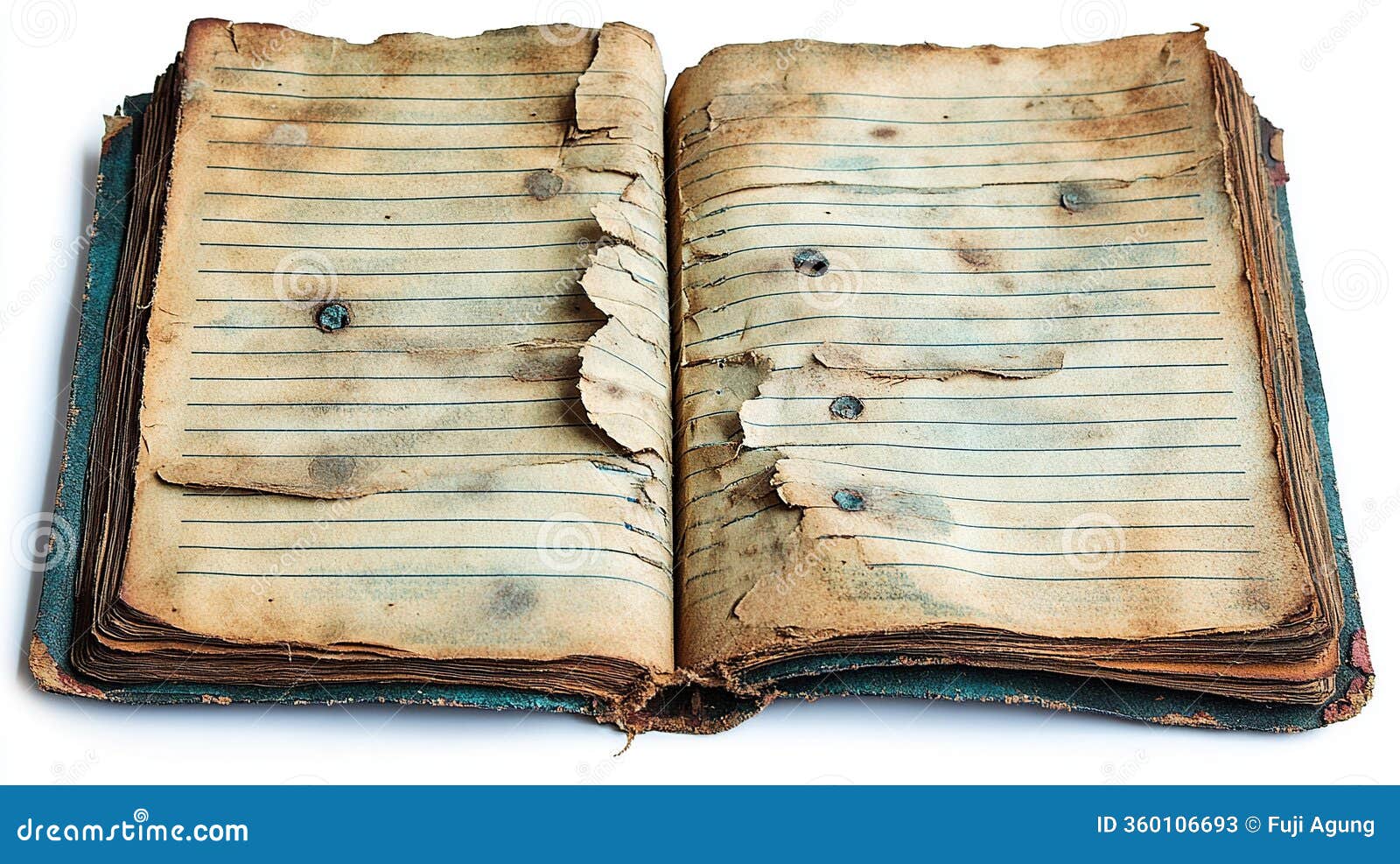 Damaged Antique Notebook, Open Pages, White Background, History Stock ...