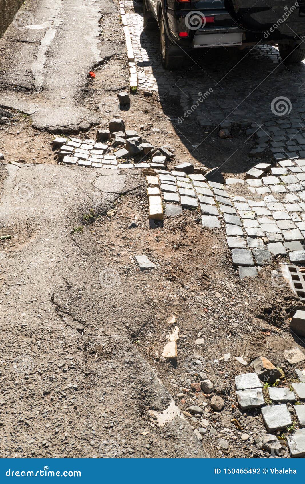 Damaged Asphalt Pavement with Potholes. Bad Road Stock Photo - Image of ...