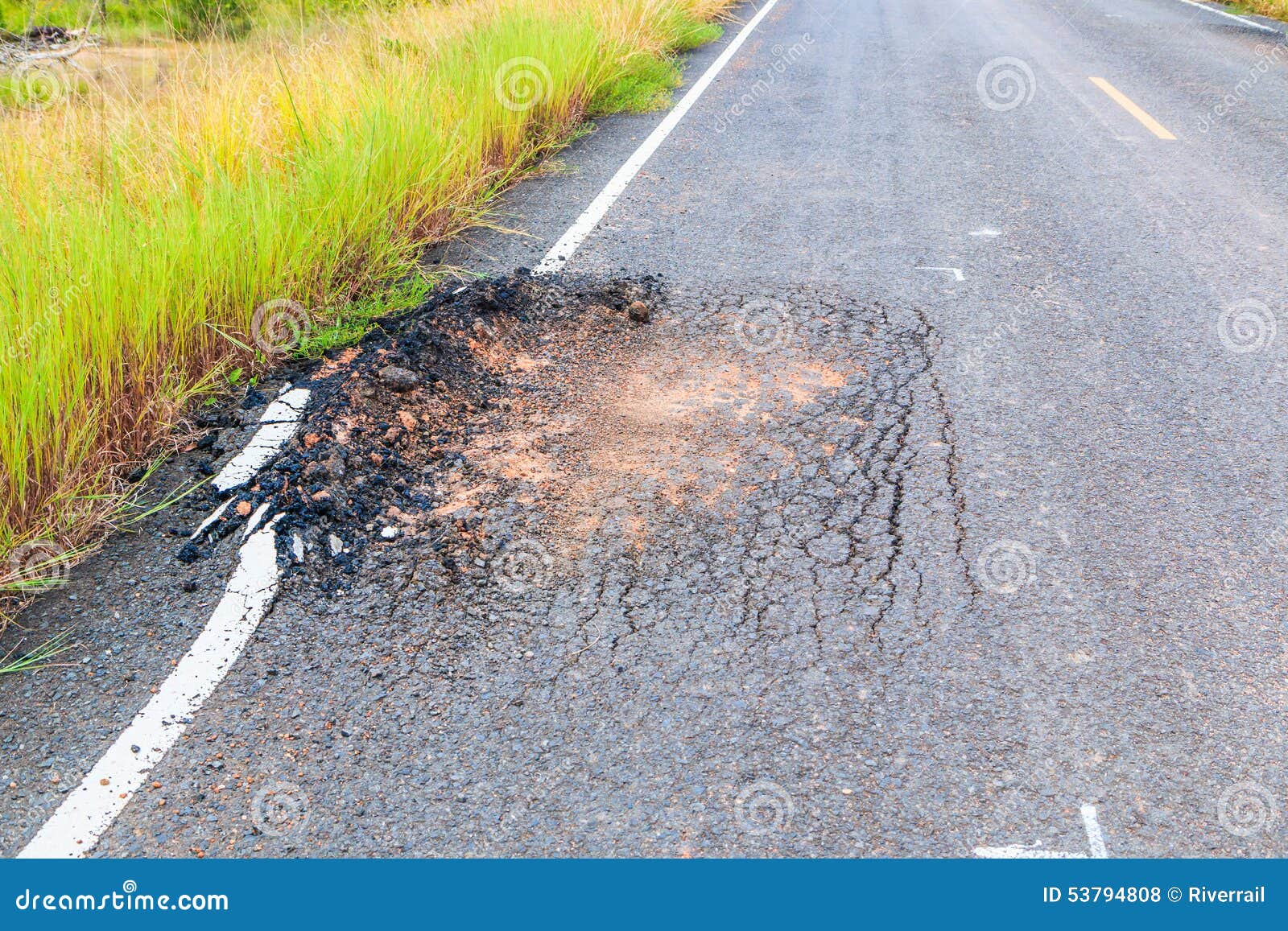 Damaged asphalt road stock photo. Image of construction - 53794808