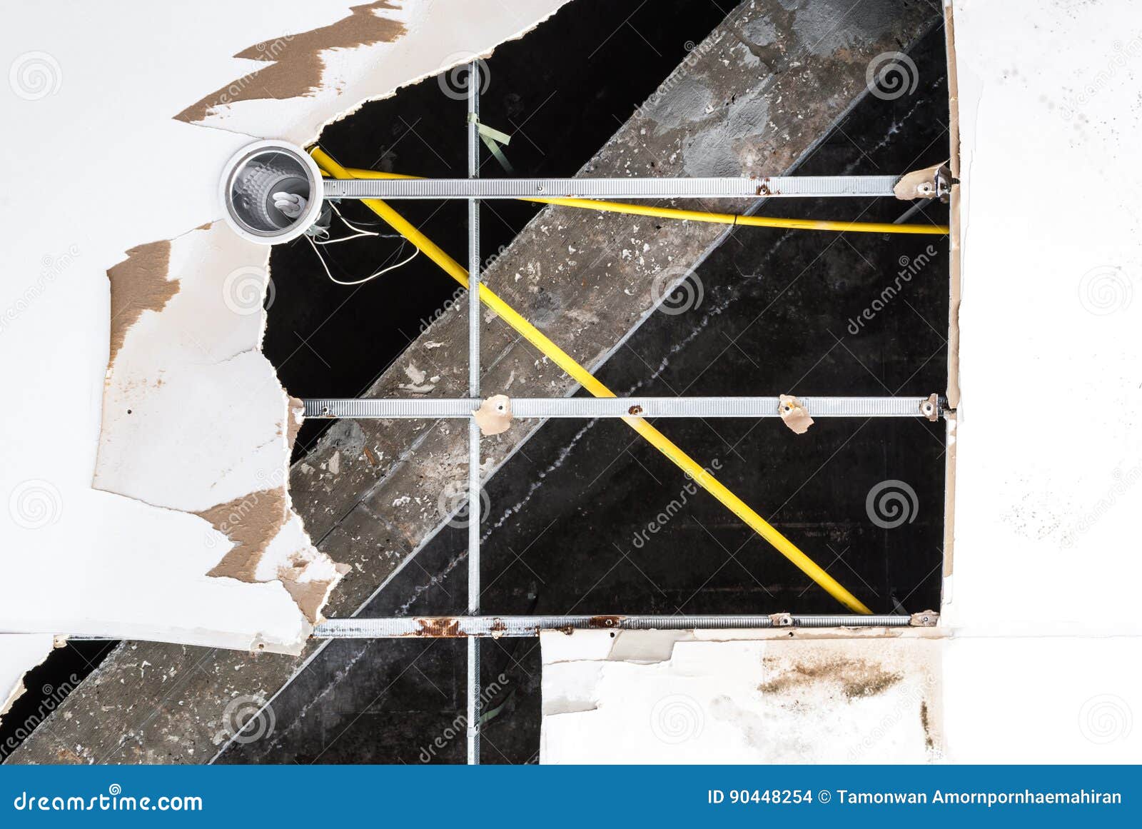 Damaged Ceiling with Lamp Electrical Pipe and Metal Structure Stock ...