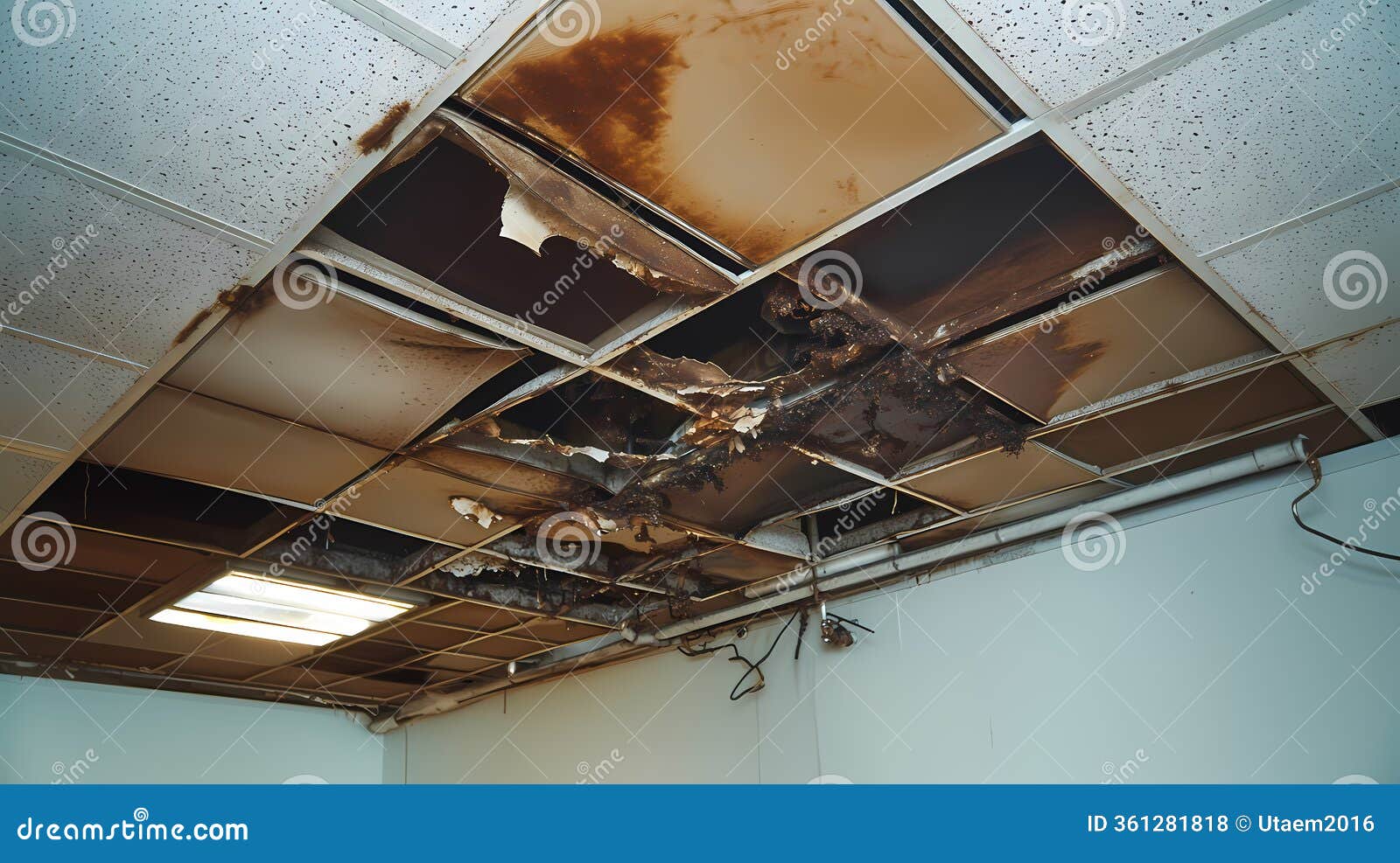 Damaged Ceiling Tiles Exposing Water Damage and Mold Stock Photo ...