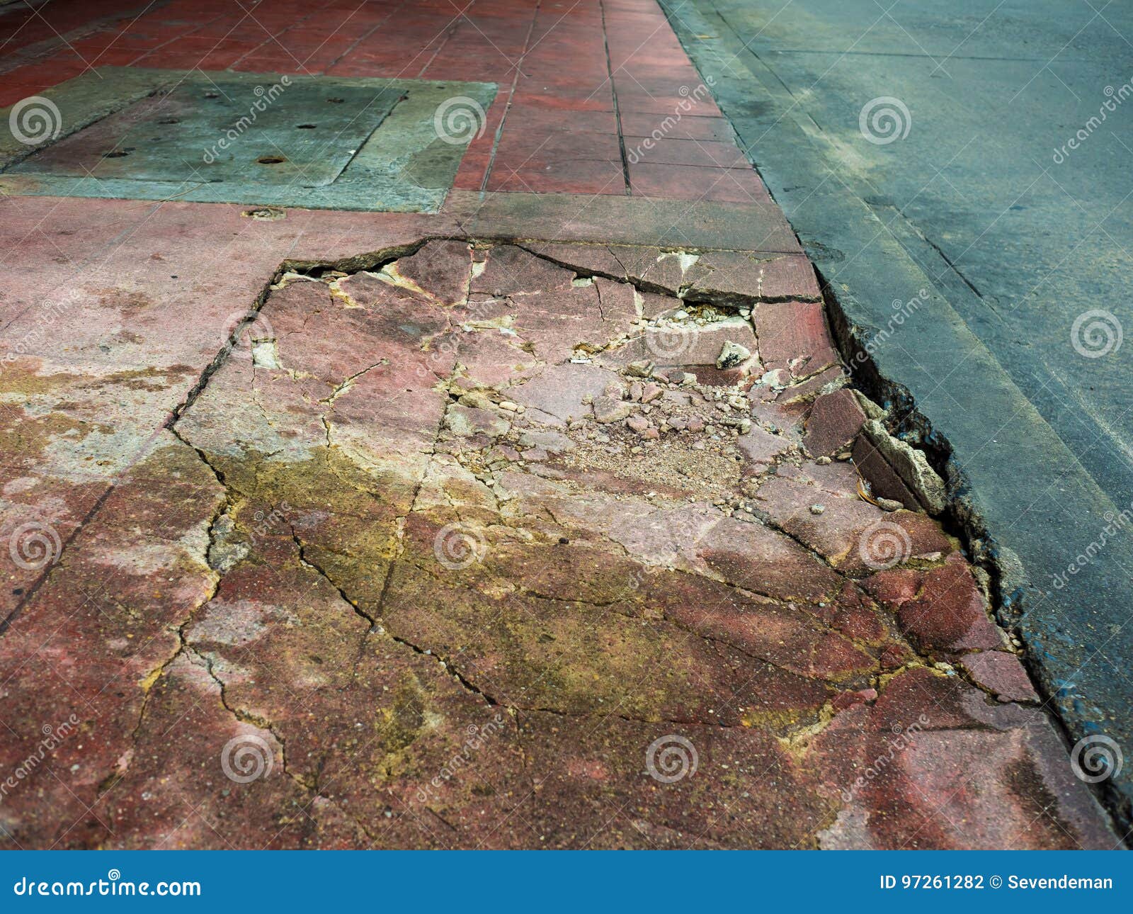 Damaged cements footpath. stock photo. Image of concrete - 97261282