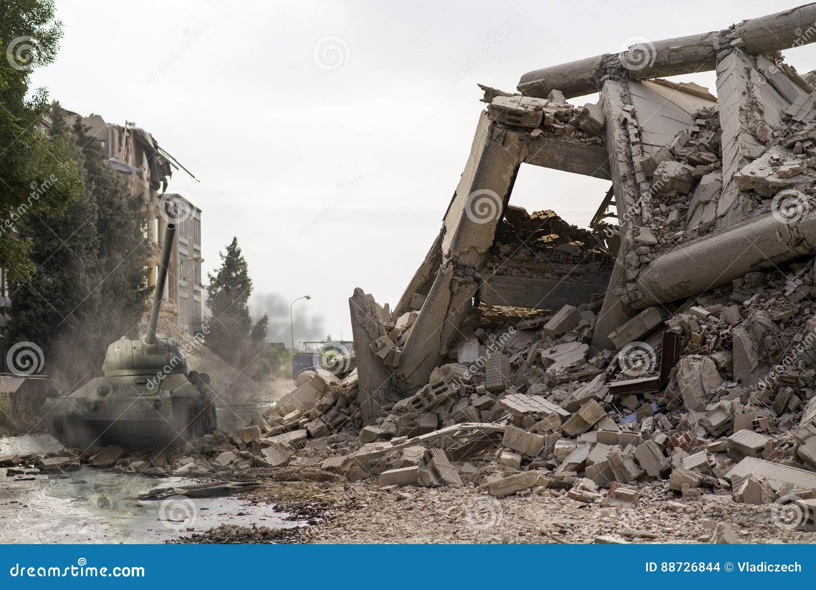 Damaged city with a tank stock photo. Image of harm, damage - 88726844