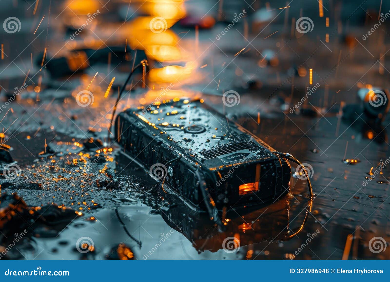Damaged Electronic Device on Wet Ground with Sparks and Water Concept ...