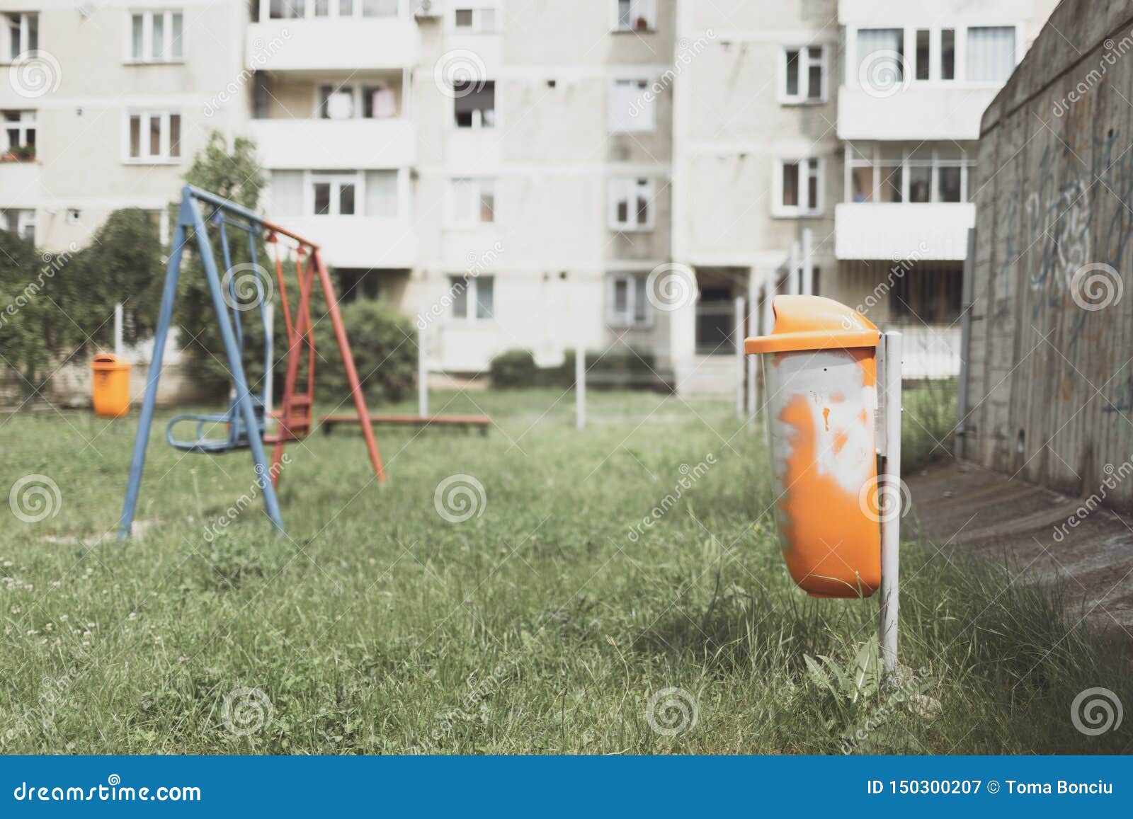 Damaged Garbage Bin Inside Public Park. Environmental Concept Stock ...