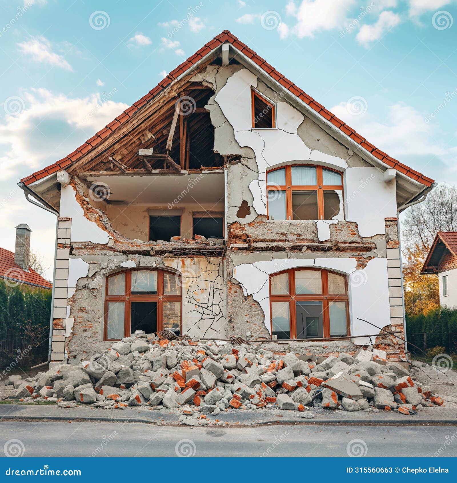 Damaged House With Exposed Brick And Debris, House With A Severely ...
