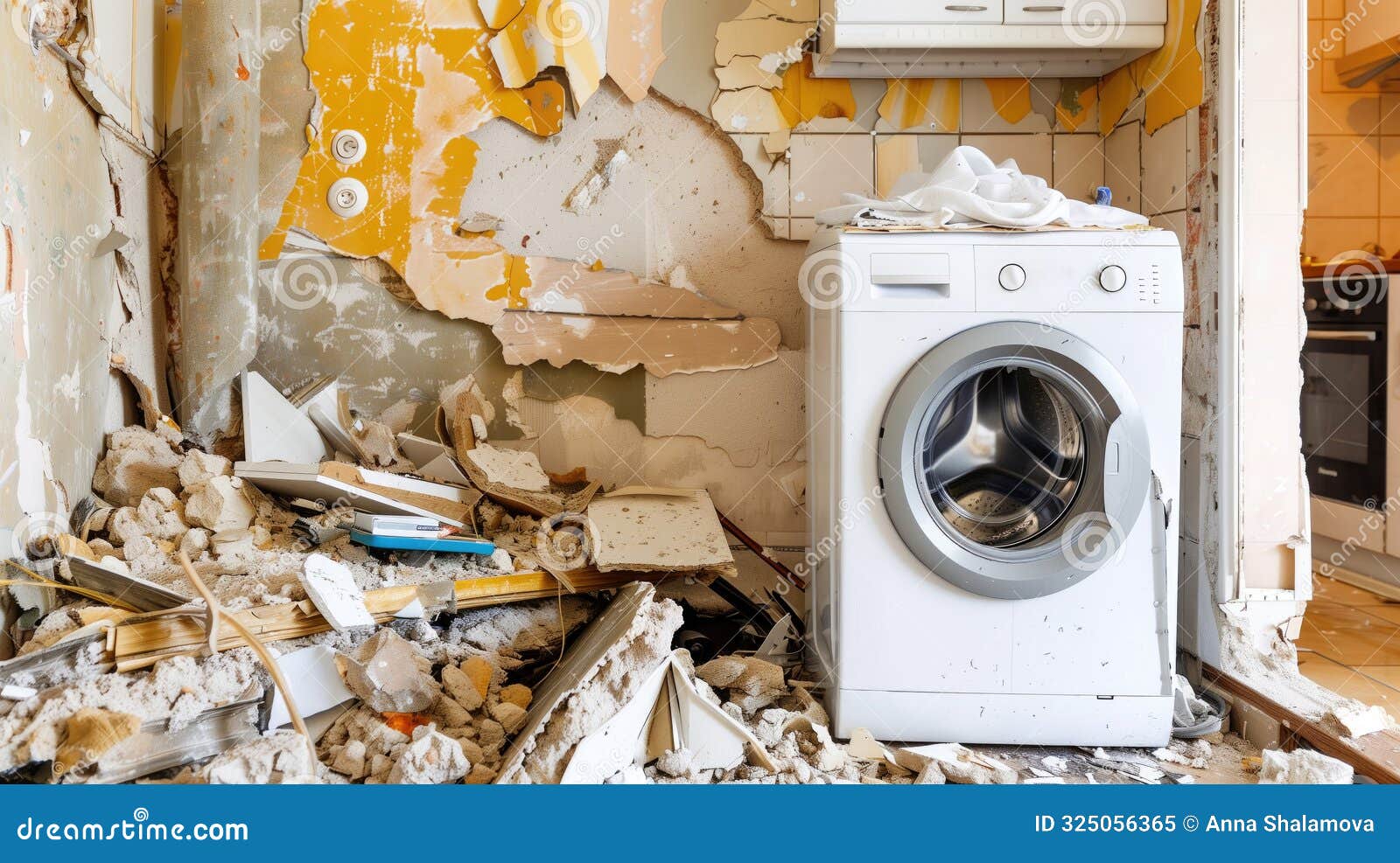 Damaged Laundry Room with Collapsed Wall and Debris Surrounding a ...