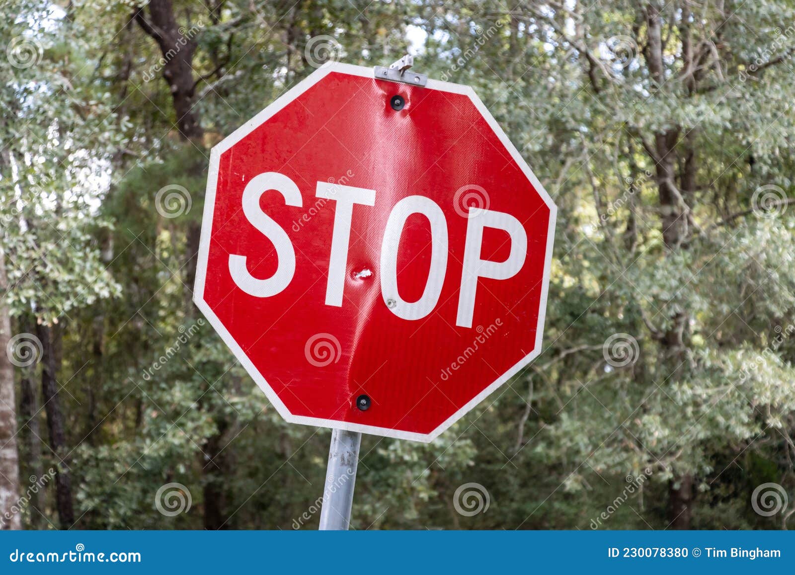 Damaged leaning stop sign stock photo. Image of post - 230078380
