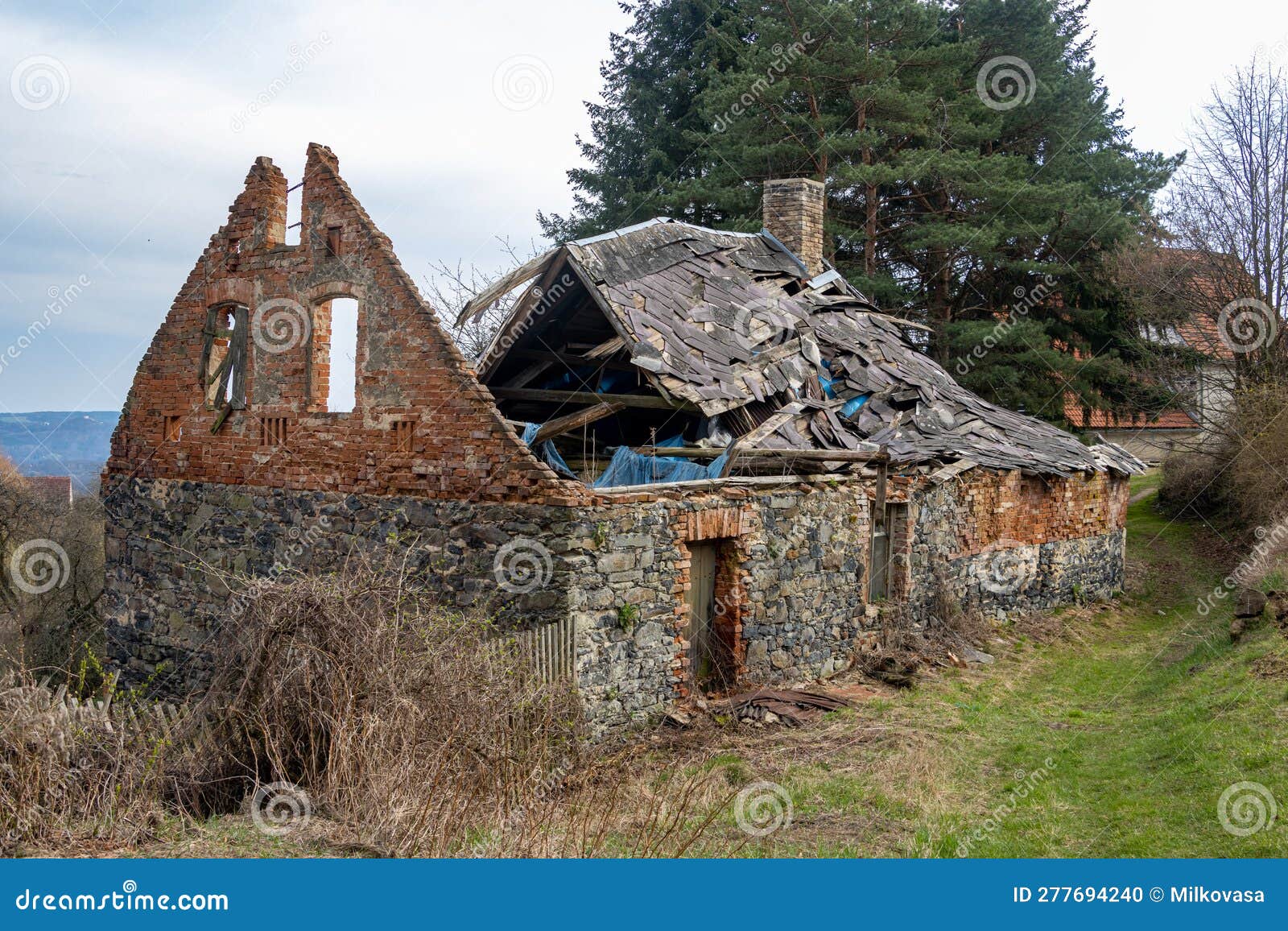 Damaged Old House in the Village Stock Photo - Image of exterior ...