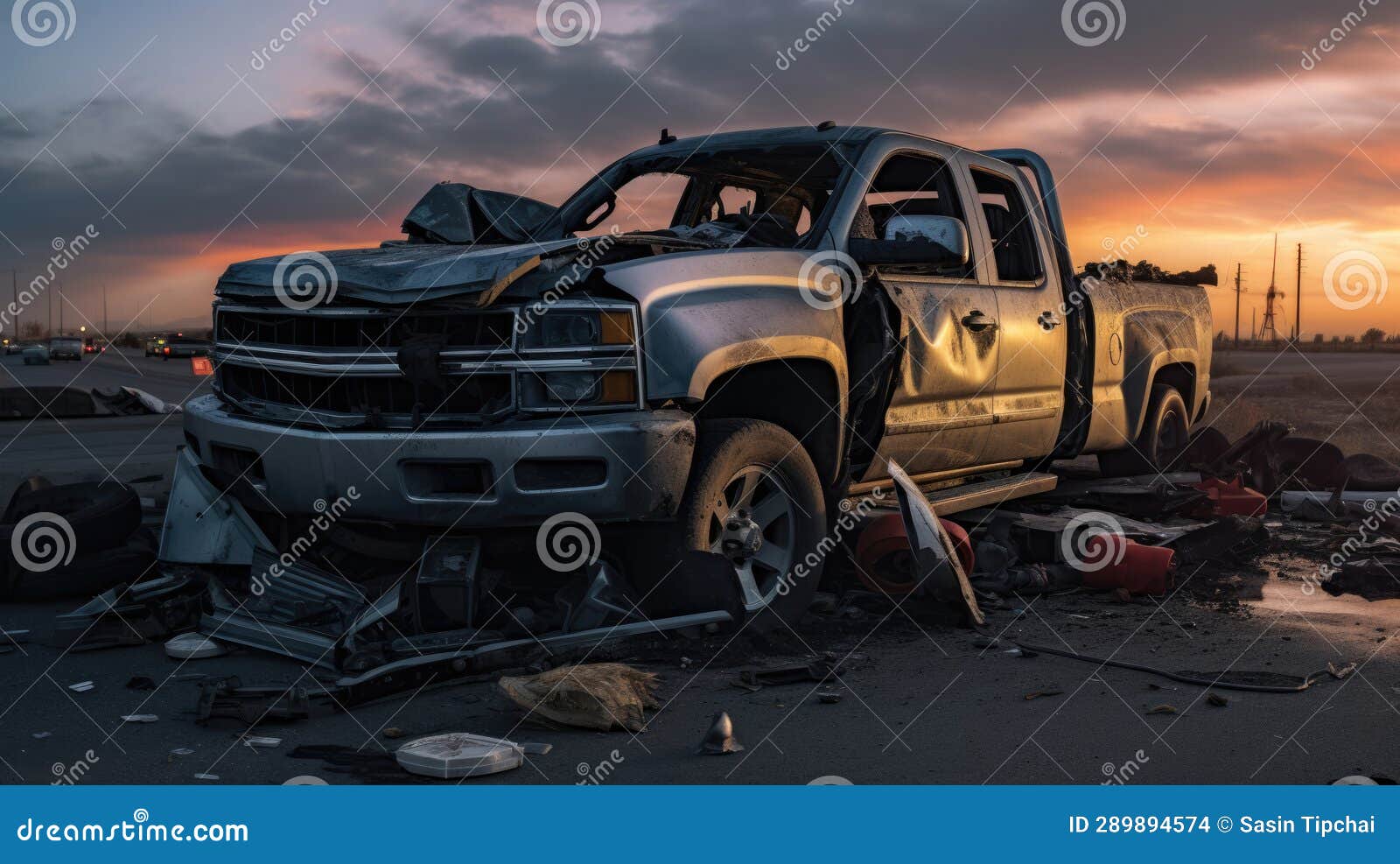 Accident In A Pickup Truck Crashed Into Electric Poles And Trash ...