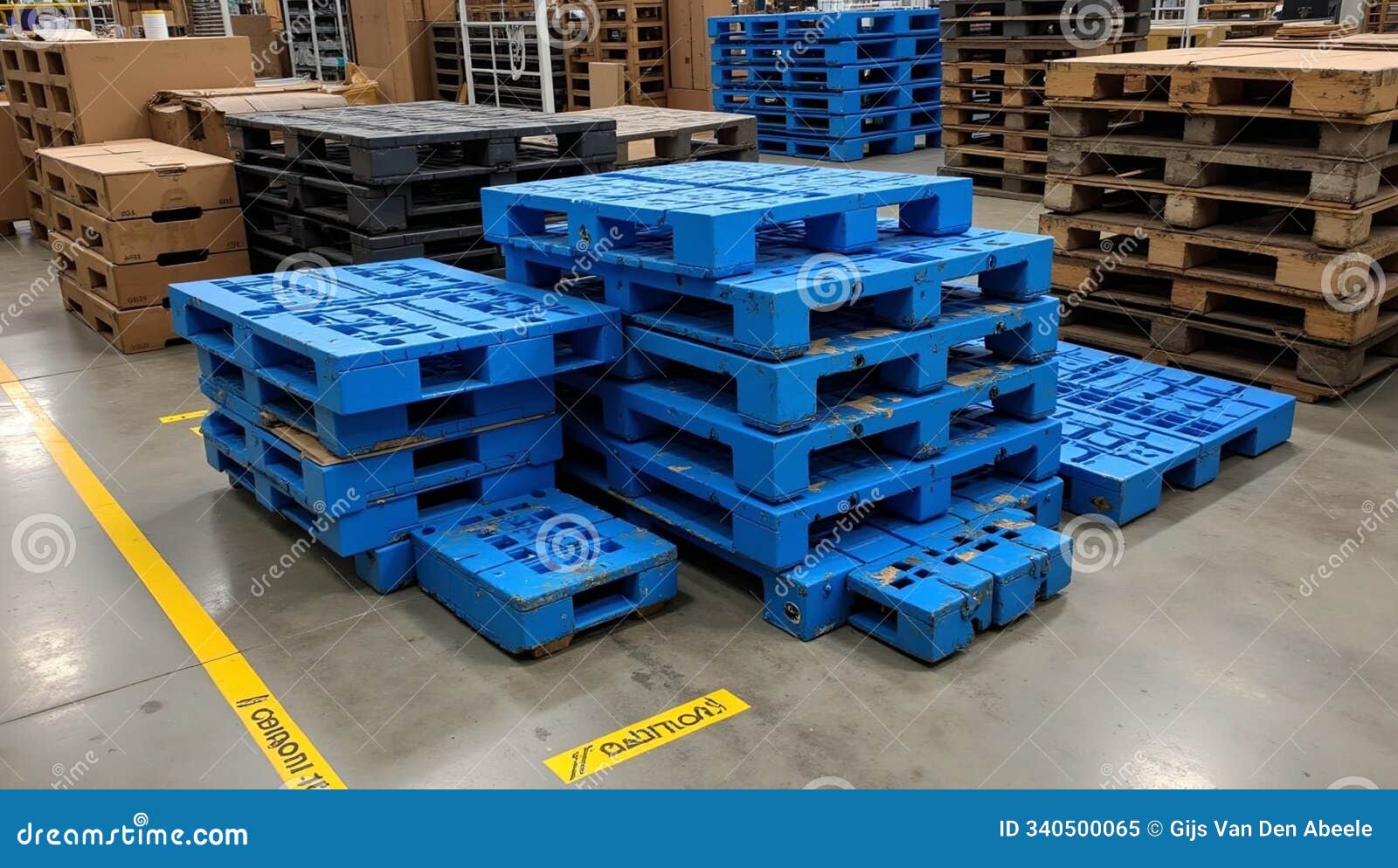 Damaged Plastic Pallets in Recycling Area with Caution Tape Stock ...