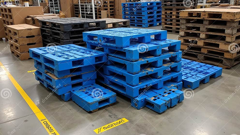 Damaged Plastic Pallets in Recycling Area with Caution Tape Stock ...