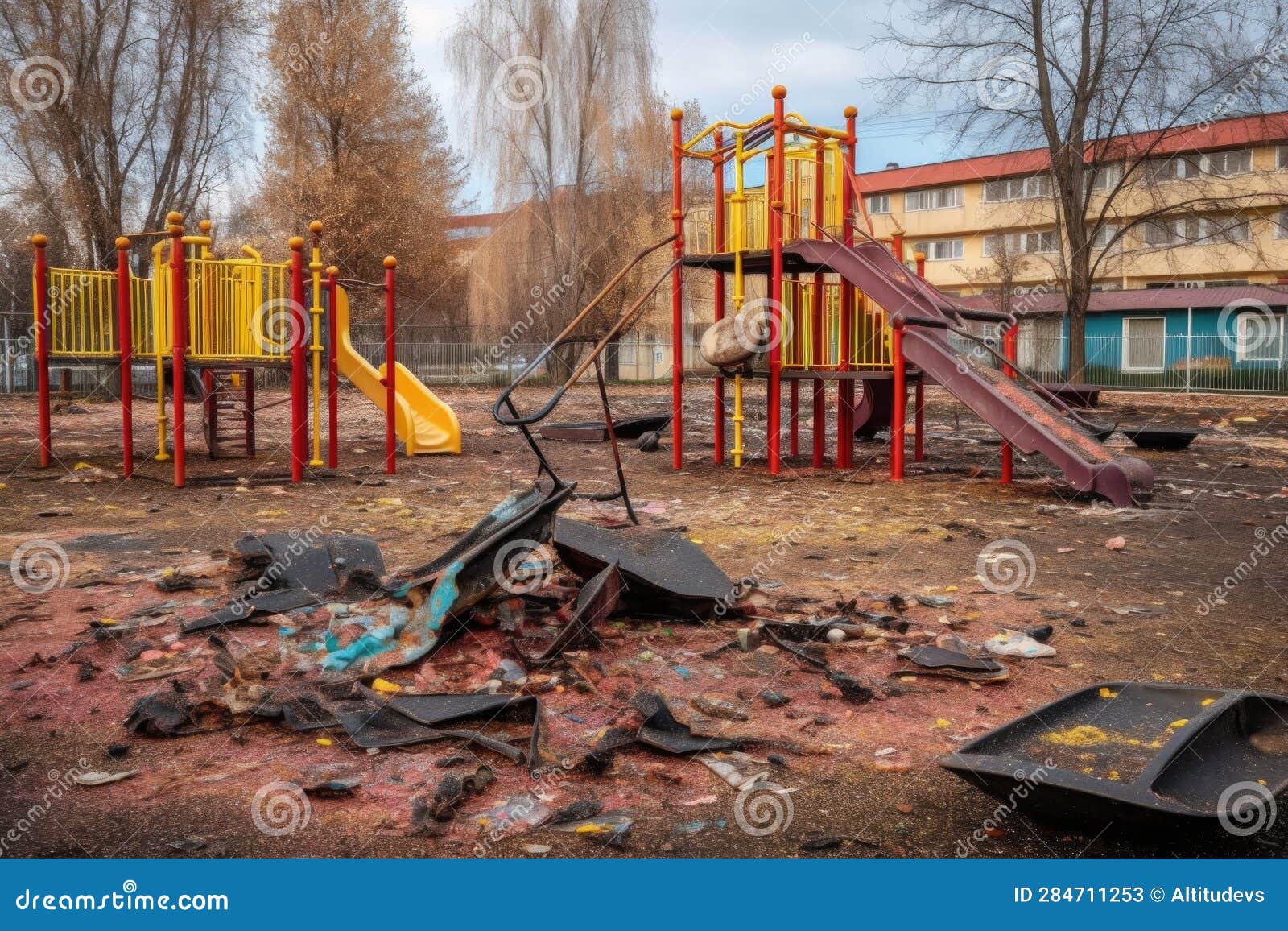 Damaged Playground Equipment with Debris Around Stock Illustration ...