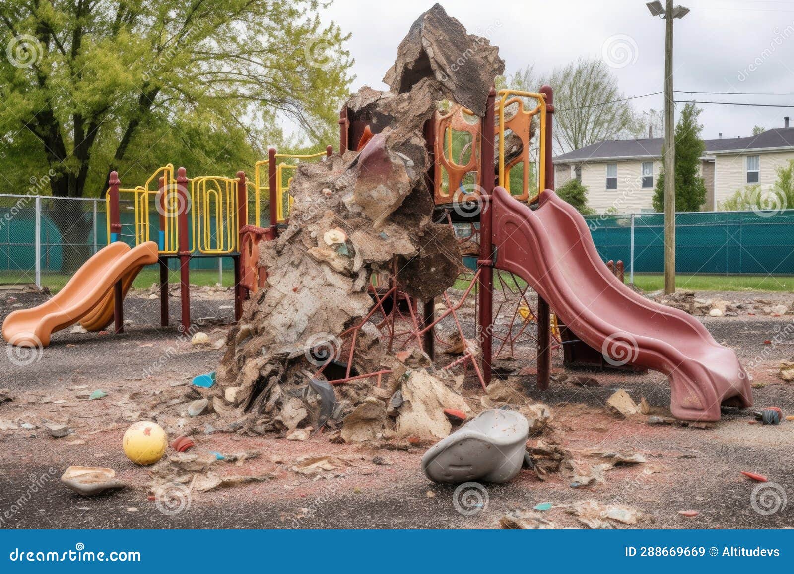 Damaged Playground Equipment with Debris Around Stock Image - Image of ...