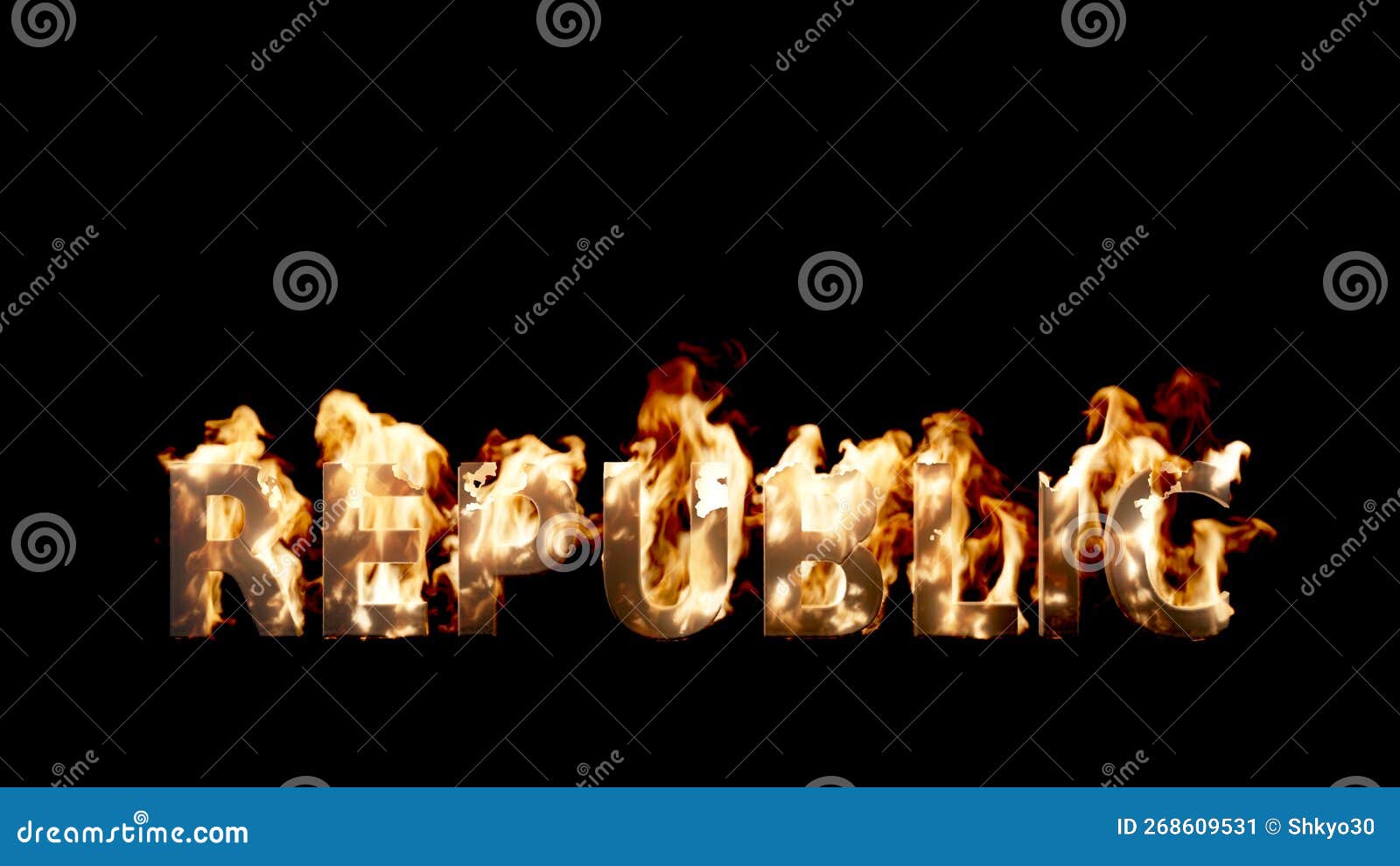 Damaged Republic Word on Fire with Starting Flames on Black Stock ...