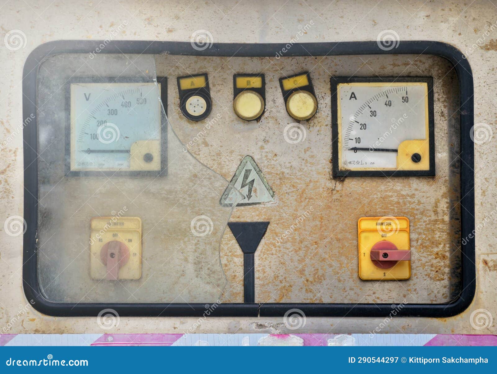 A Damaged and Rusted Electrical Control Panel Has Broken Glass Shards ...
