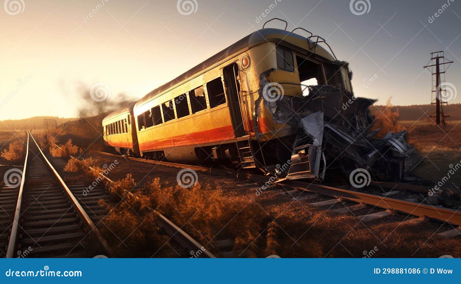 Damaged Train on Rails. Destroyed Railroad Stock Photo - Image of ...