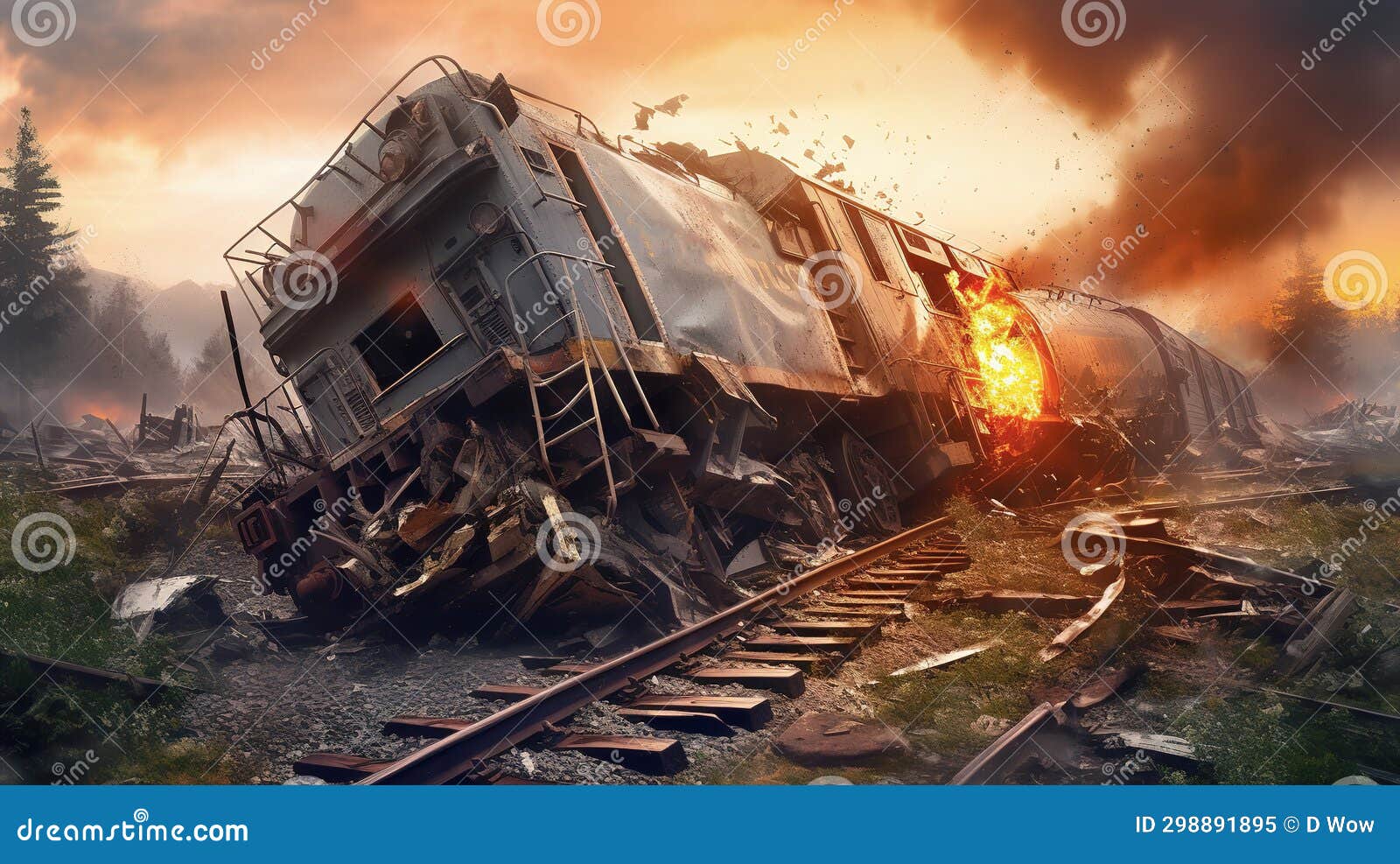 Damaged Train on Rails. Destroyed Railroad Stock Illustration ...