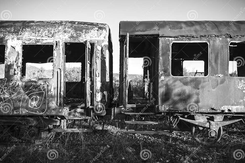 Damaged Train Wagons in an Old Abandoned Railway Network Stock Photo ...