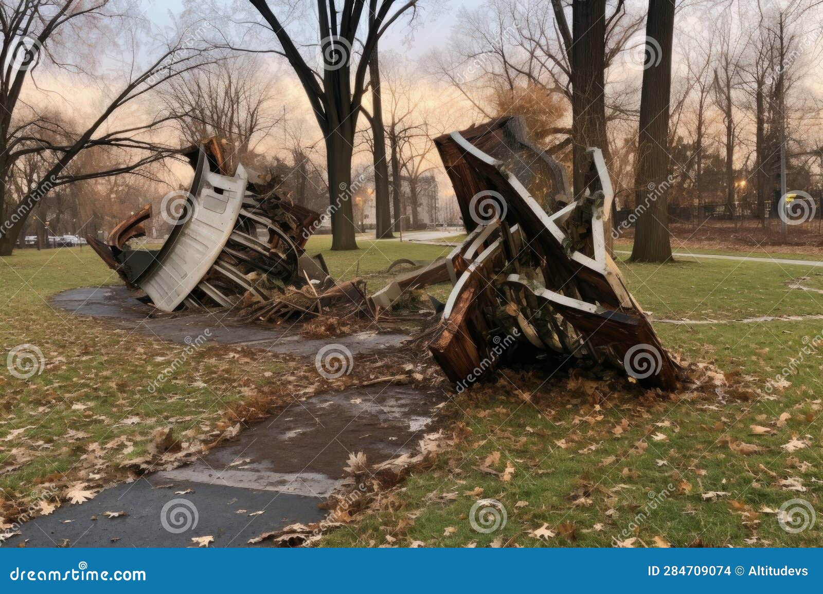 Damaged and Twisted Park Signage Post-storm Stock Illustration ...