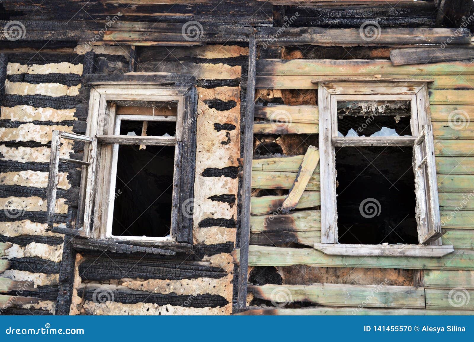 Windows With Broken Glass On The Abandoned White Village House Stock ...