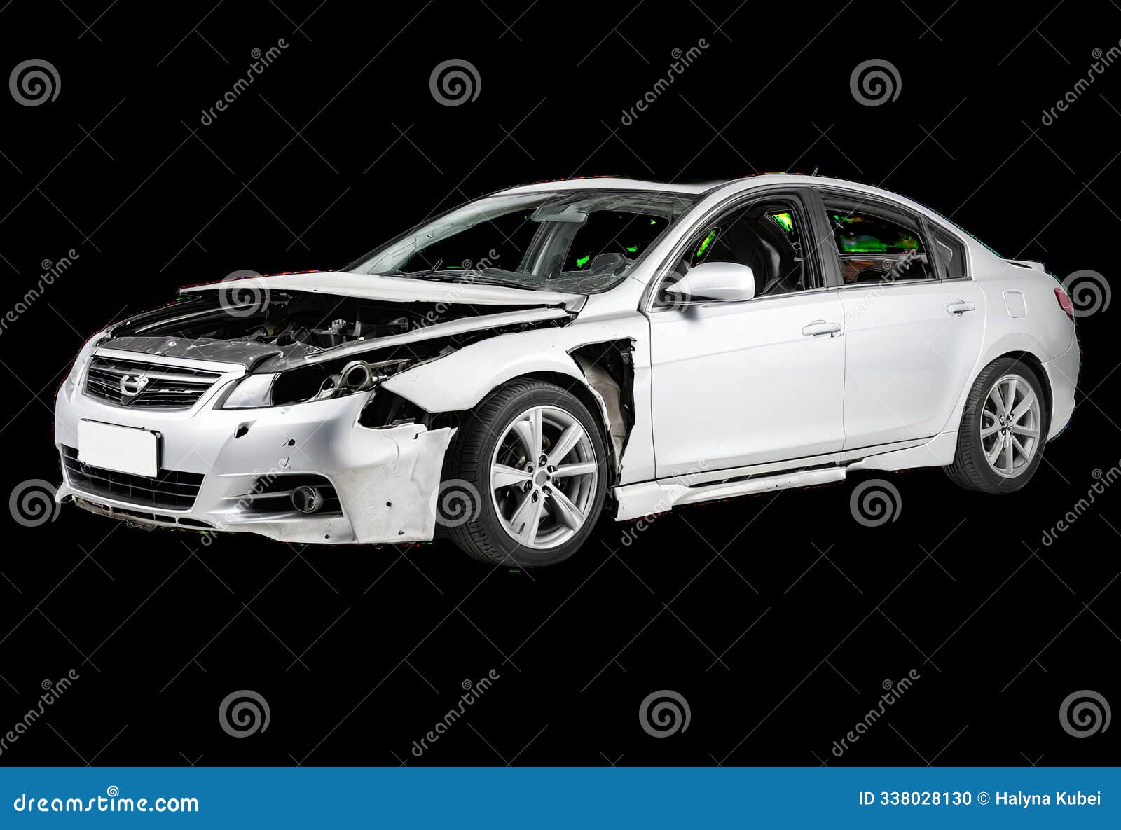Damaged White Sedan Car with Visible Structural Damage and a ...
