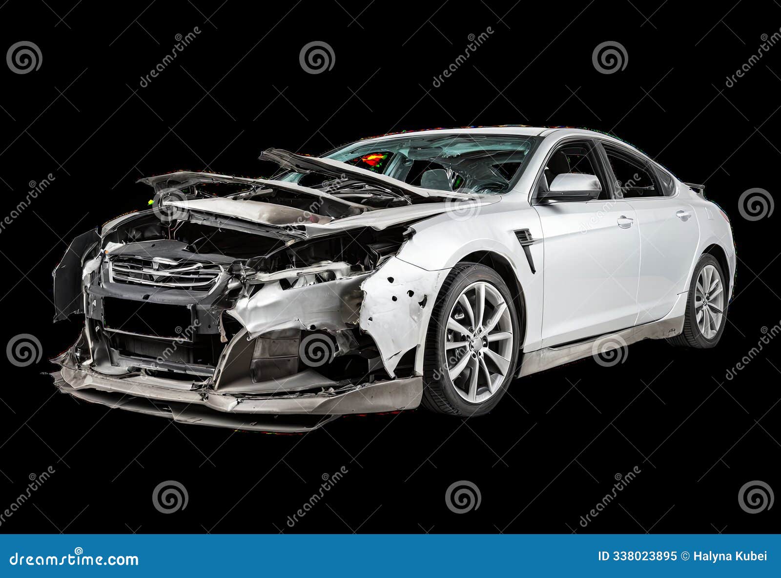 Damaged White Sedan with Crumpled Front End Displaying Visible ...
